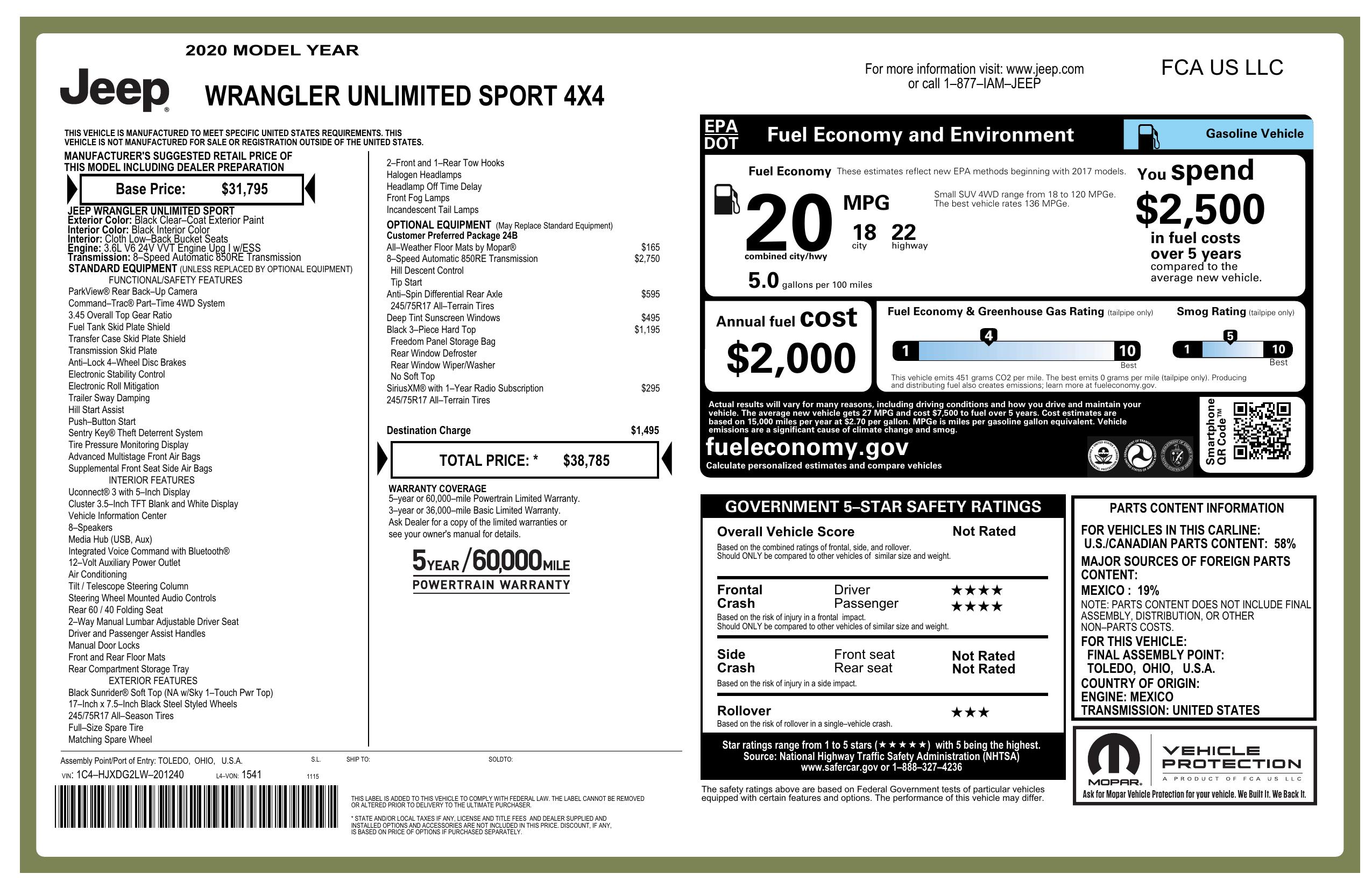 Window Sticker for 2020 Jeep Wrangler Unlimited Sport 4x4