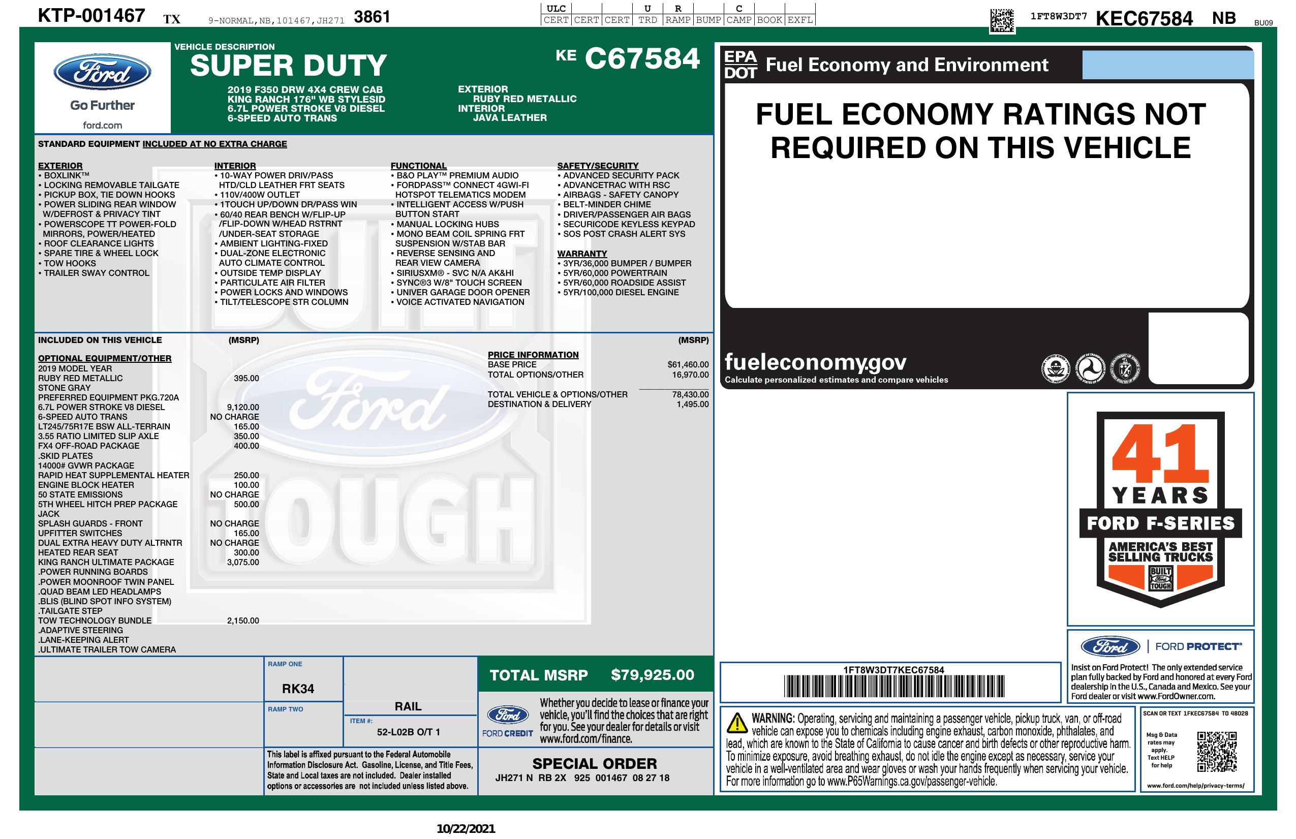 Window Sticker for 2019 Ford Super Duty F 350 Drw 4 Wd Crew Cab 8' Box