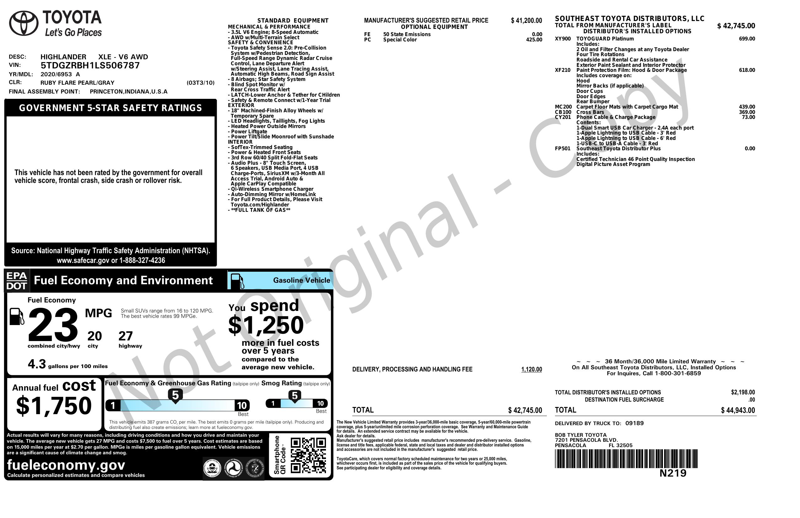 Window Sticker for 2020 Toyota Highlander Xle