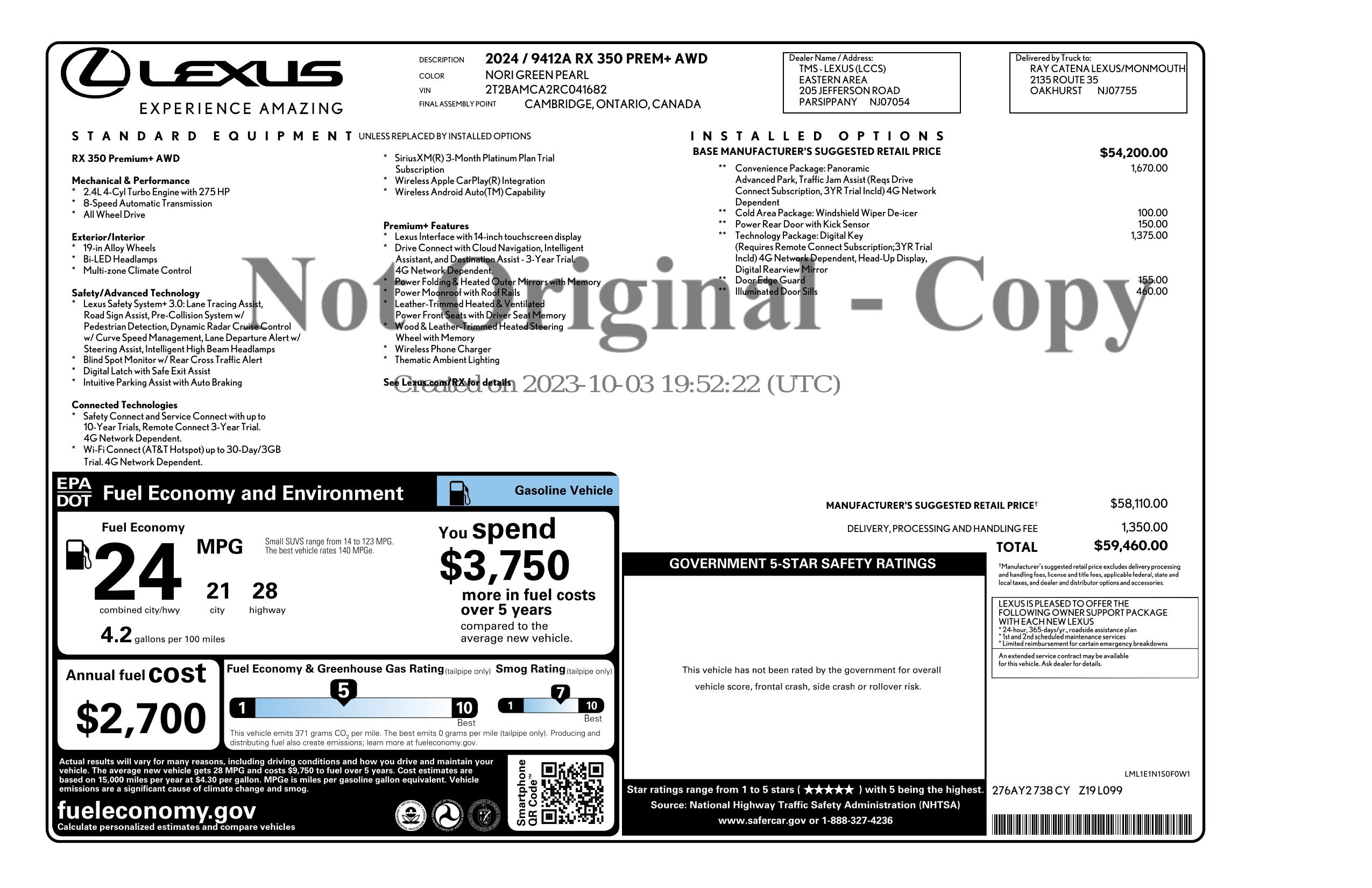 Window Sticker for 2024 Lexus Rx 350 Premium