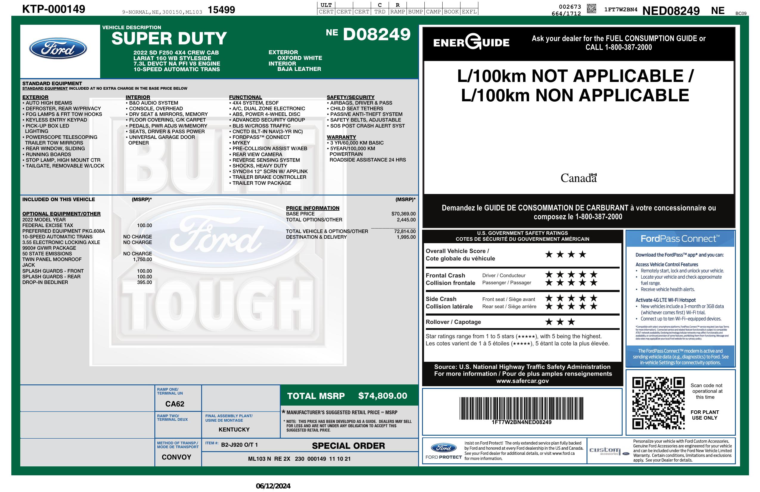 Window Sticker for 2022 Ford Super Duty F 250 Srw Lariat