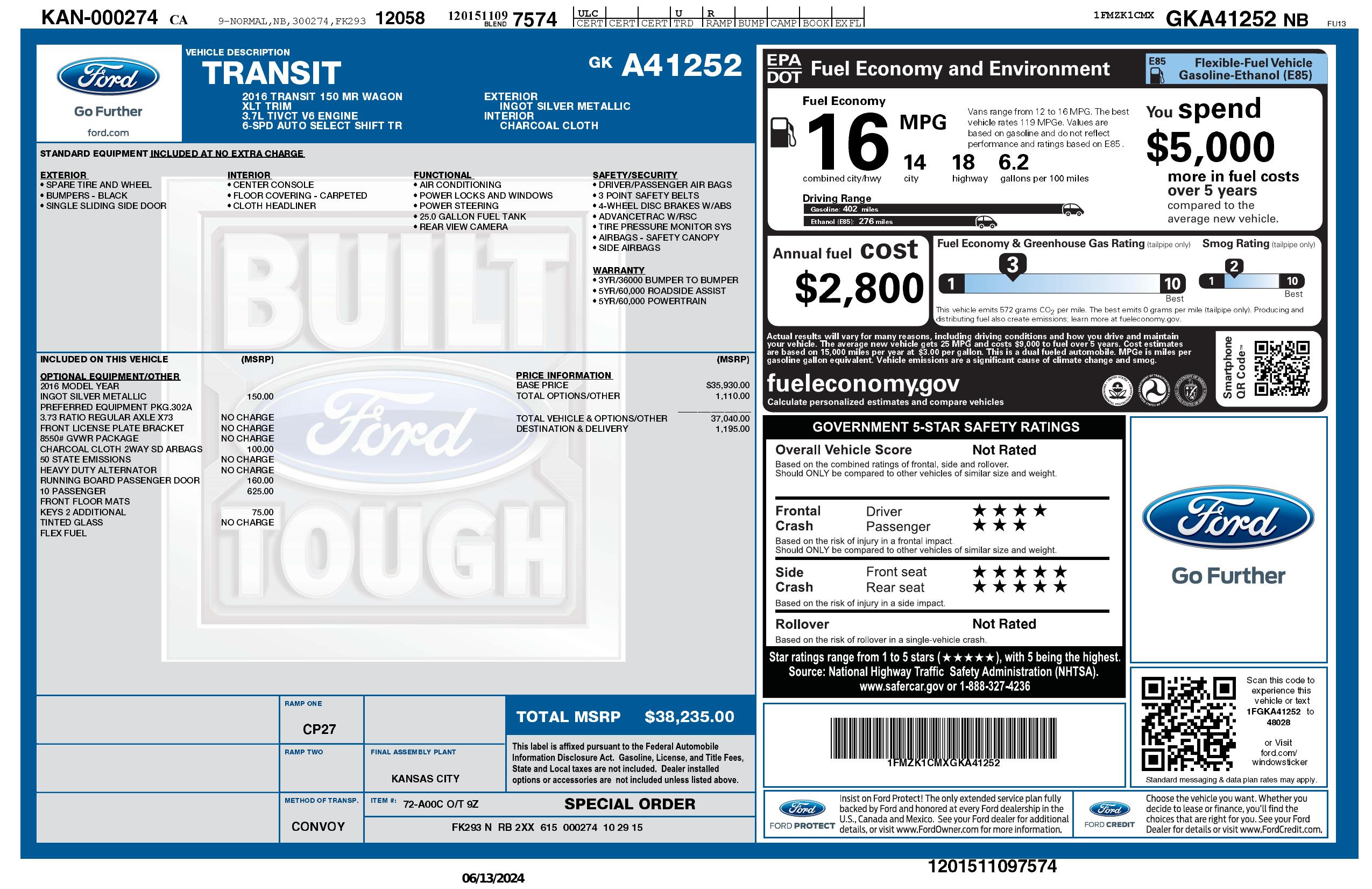Window Sticker for 2016 Ford Transit Wagon T 150 130" Med Roof Sliding ...