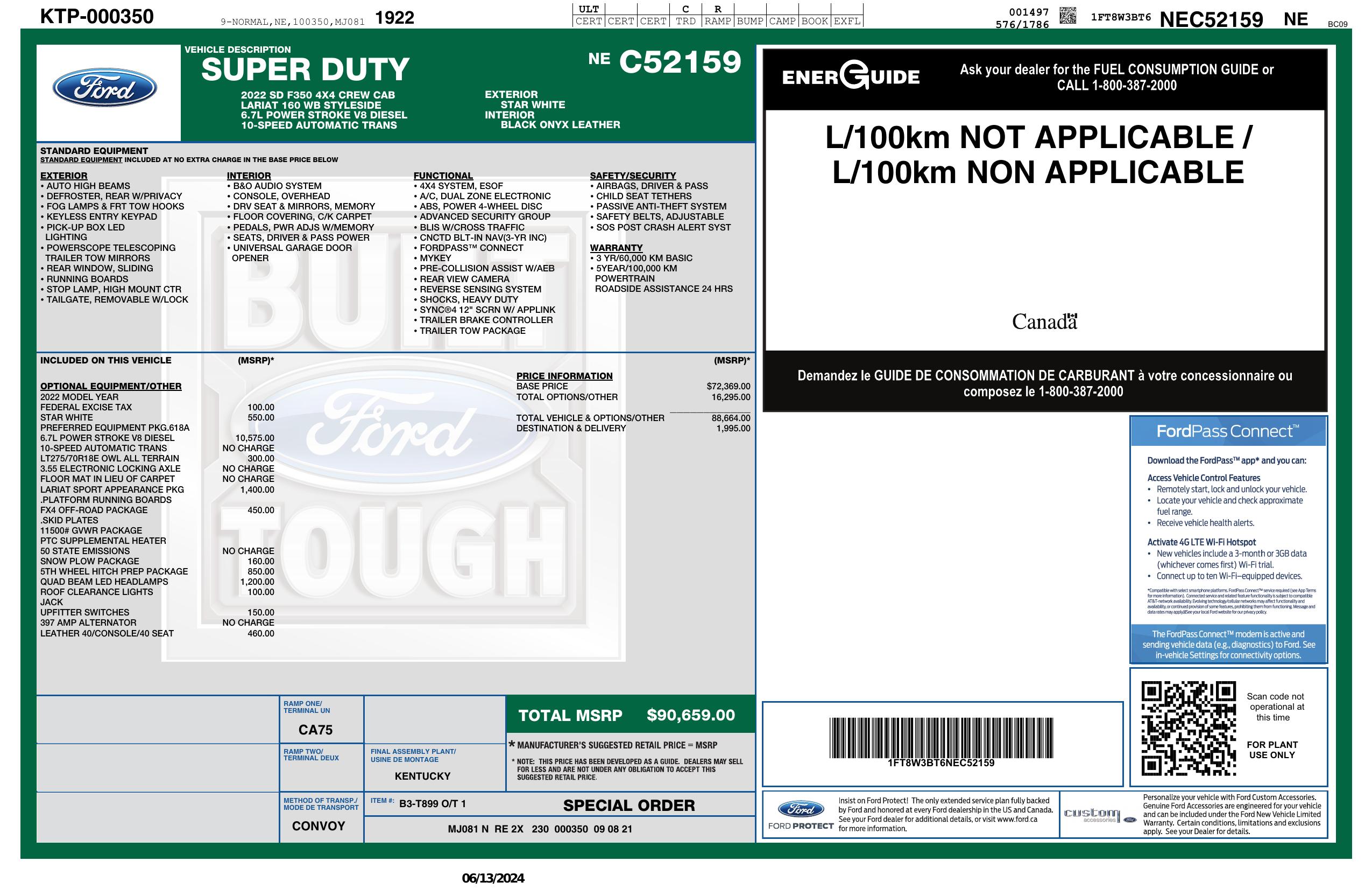 Window Sticker for 2022 Ford Super Duty F 350 Srw 4 Wd Crew Cab Box