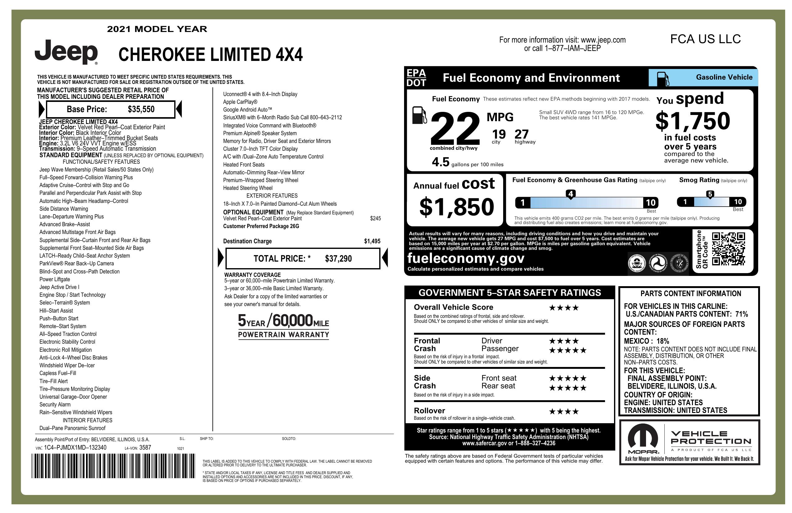 Window Sticker for 2021 Jeep Cherokee Limited 4x4