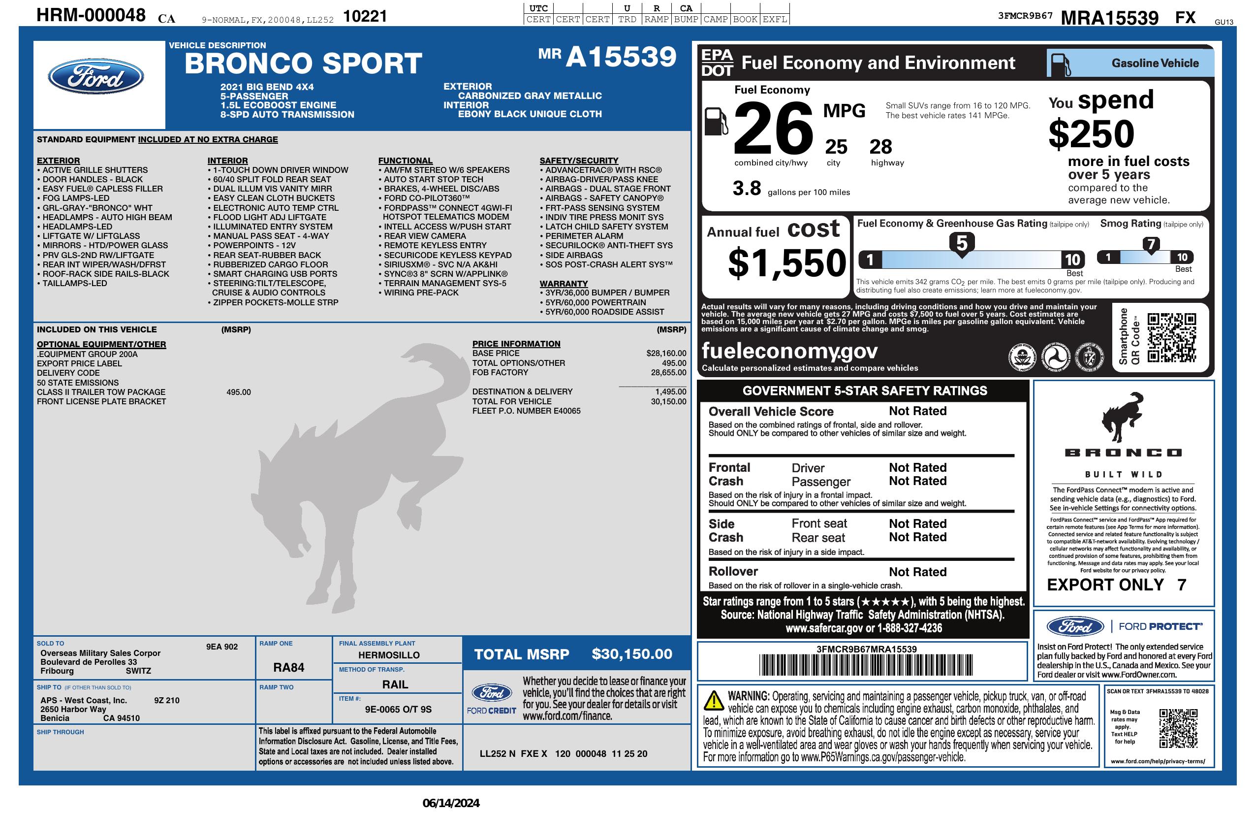 Window Sticker for 2021 Ford Bronco Sport Big Bend 4x4