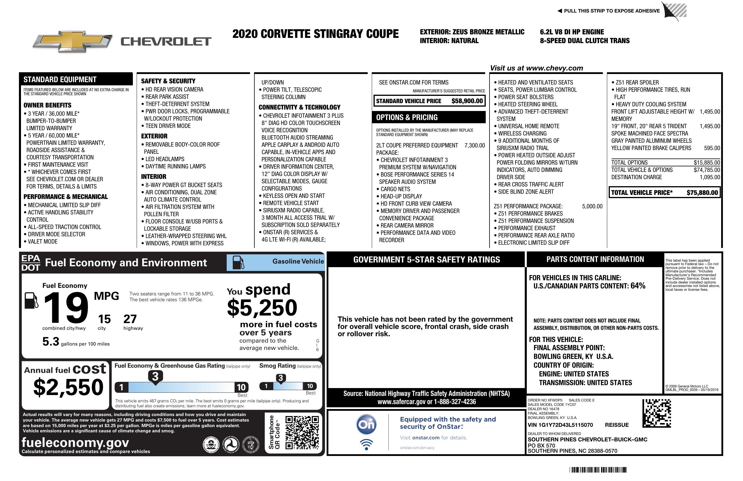 Window Sticker for 2020 Chevrolet Corvette 2dr Stingray Cpe W/2 Lt