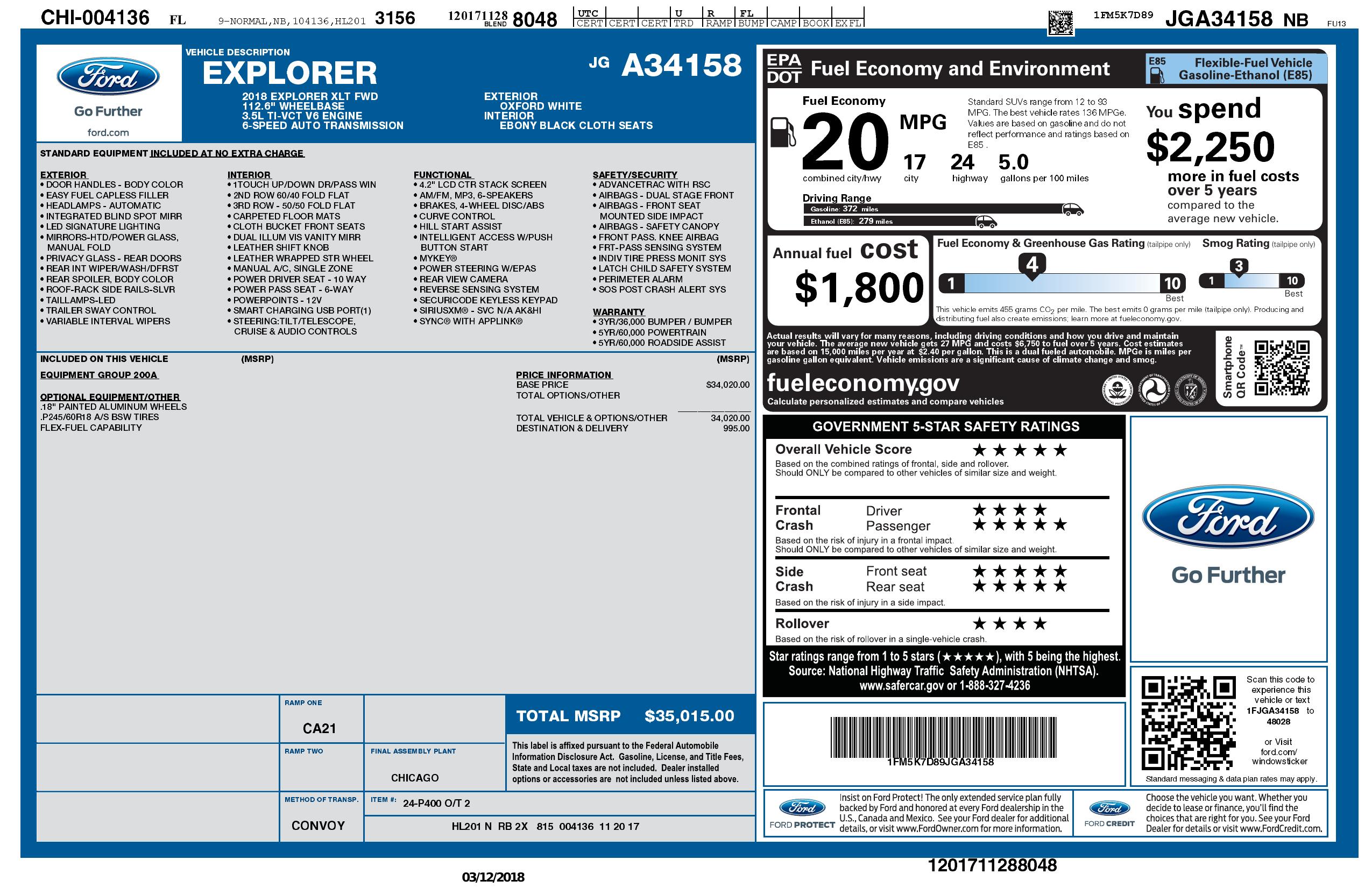 Window Sticker for 2018 Ford Explorer Xlt Fwd
