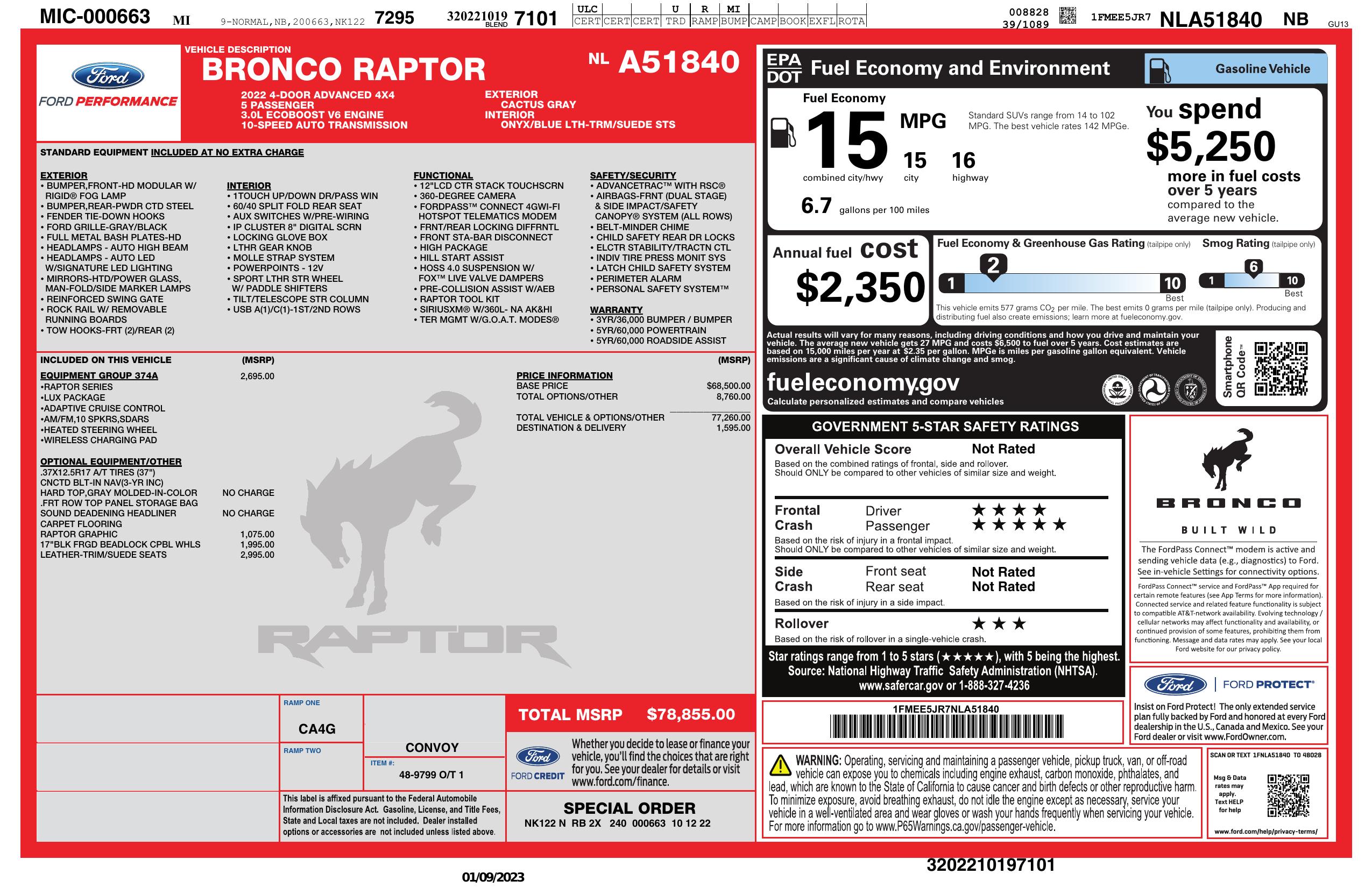 Window Sticker for 2022 Ford Bronco Raptor 4 Door Advanced 4x4