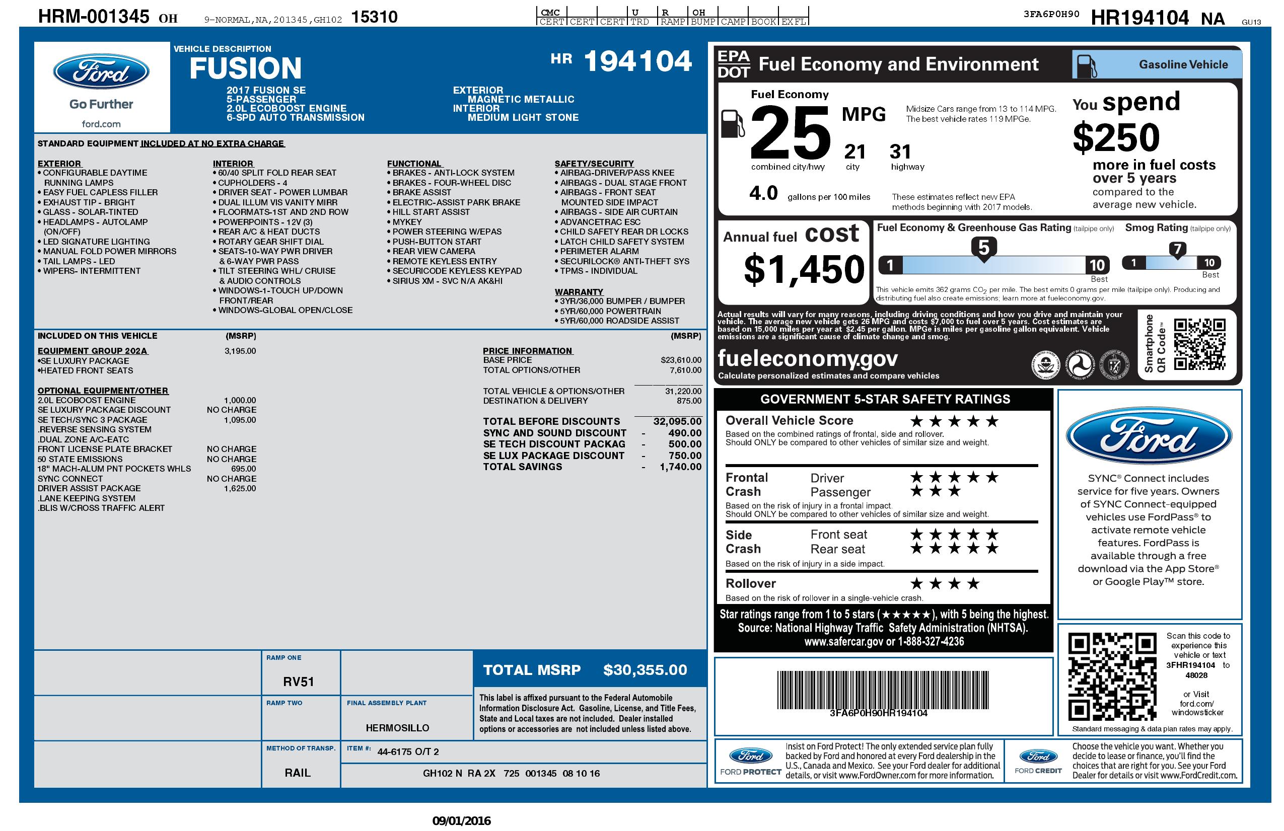 Window Sticker for 2017 Ford Fusion Se Fwd