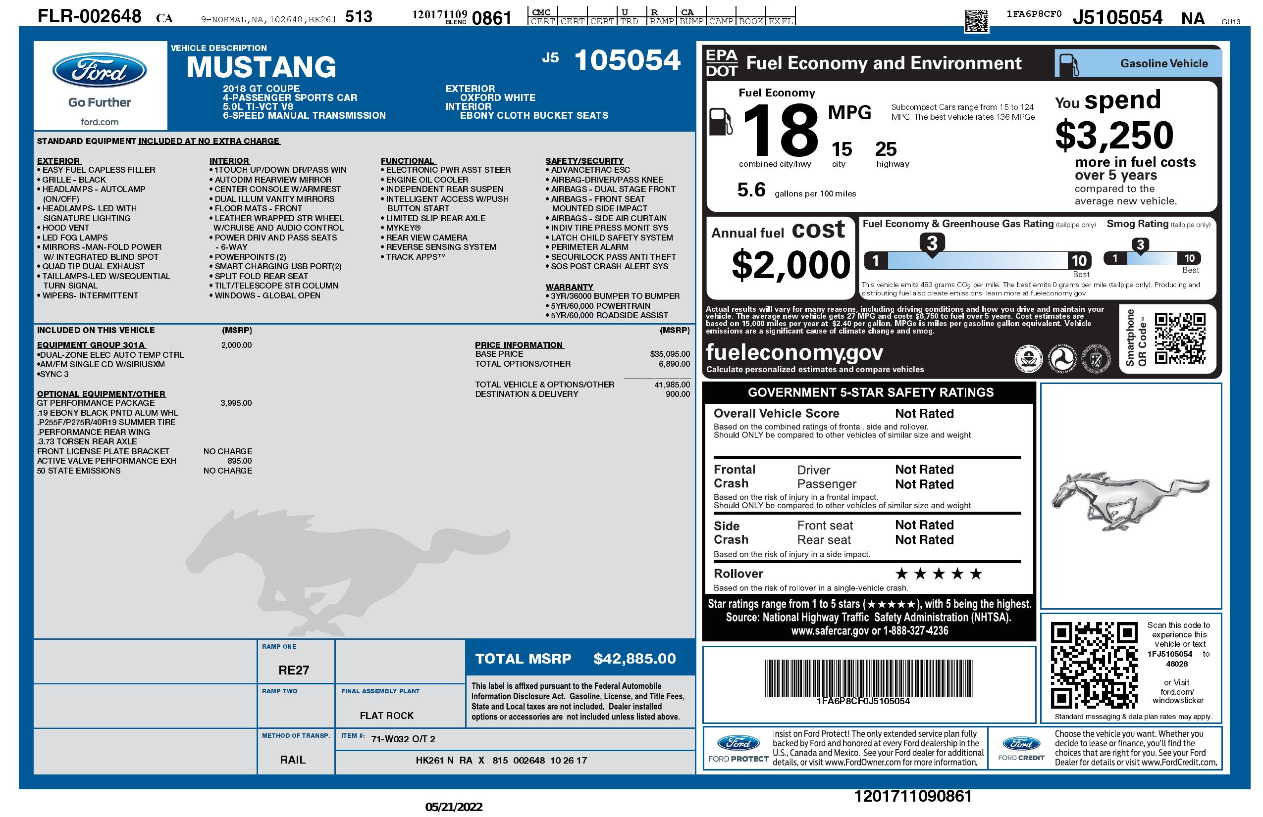 Window Sticker for 2018 Ford Mustang Gt Fastback