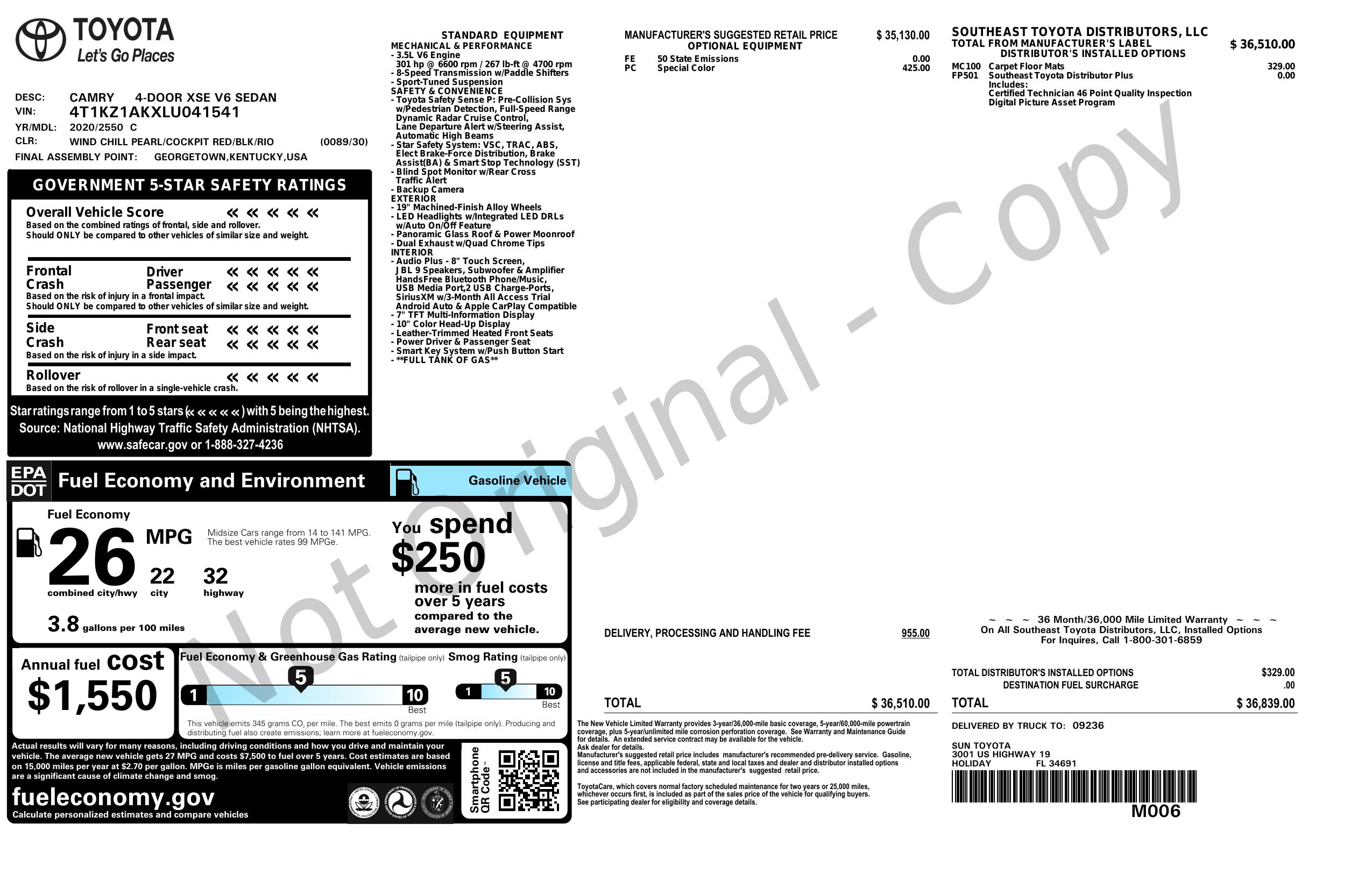 Window Sticker for 2020 Toyota Camry V6 Auto (Natl)