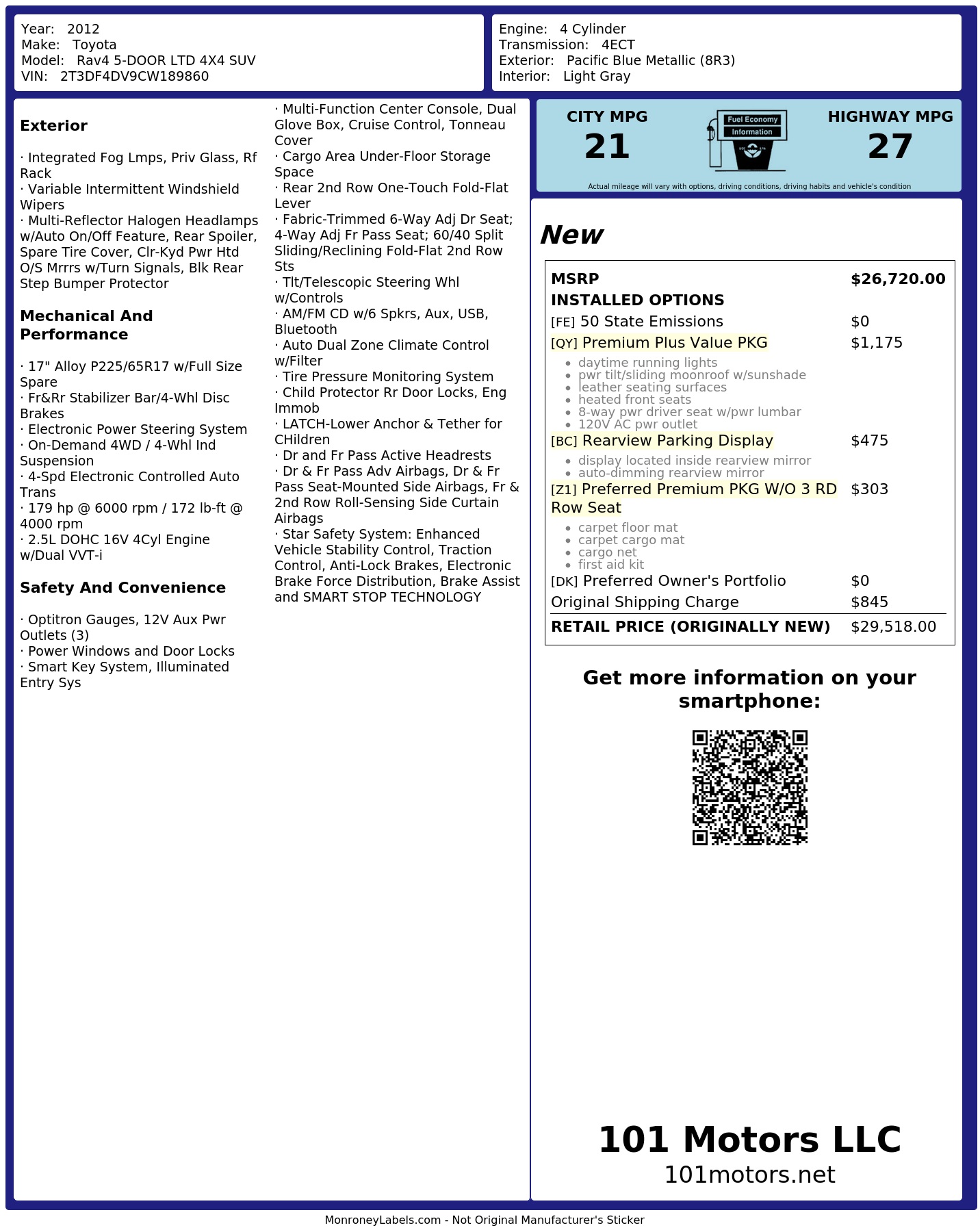 Window Sticker for 2012 Toyota Rav4 5 Door Ltd 4 X4 Suv