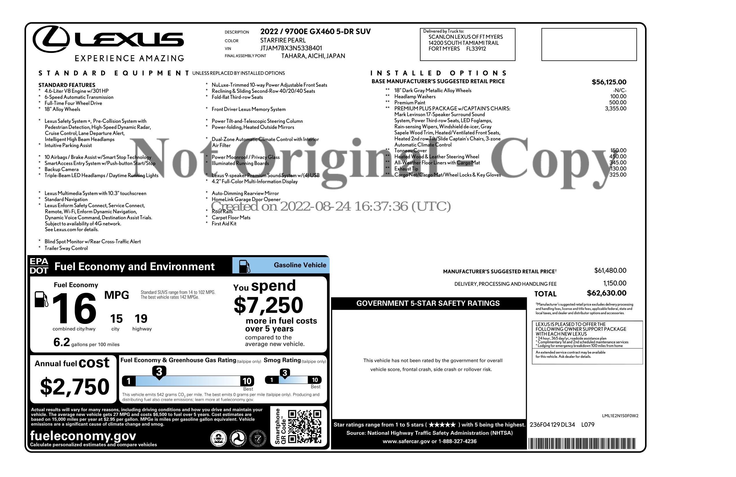 Window Sticker for 2022 Lexus Gx Gx 460 Premium 4 Wd