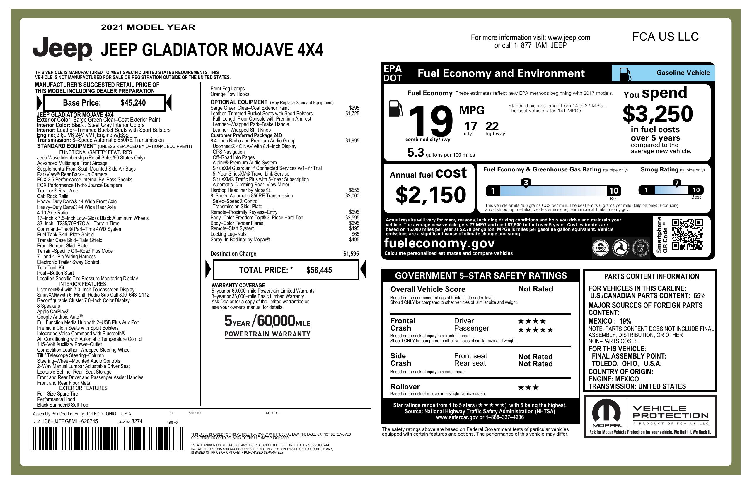 Window Sticker for 2021 Jeep Gladiator Mojave 4x4