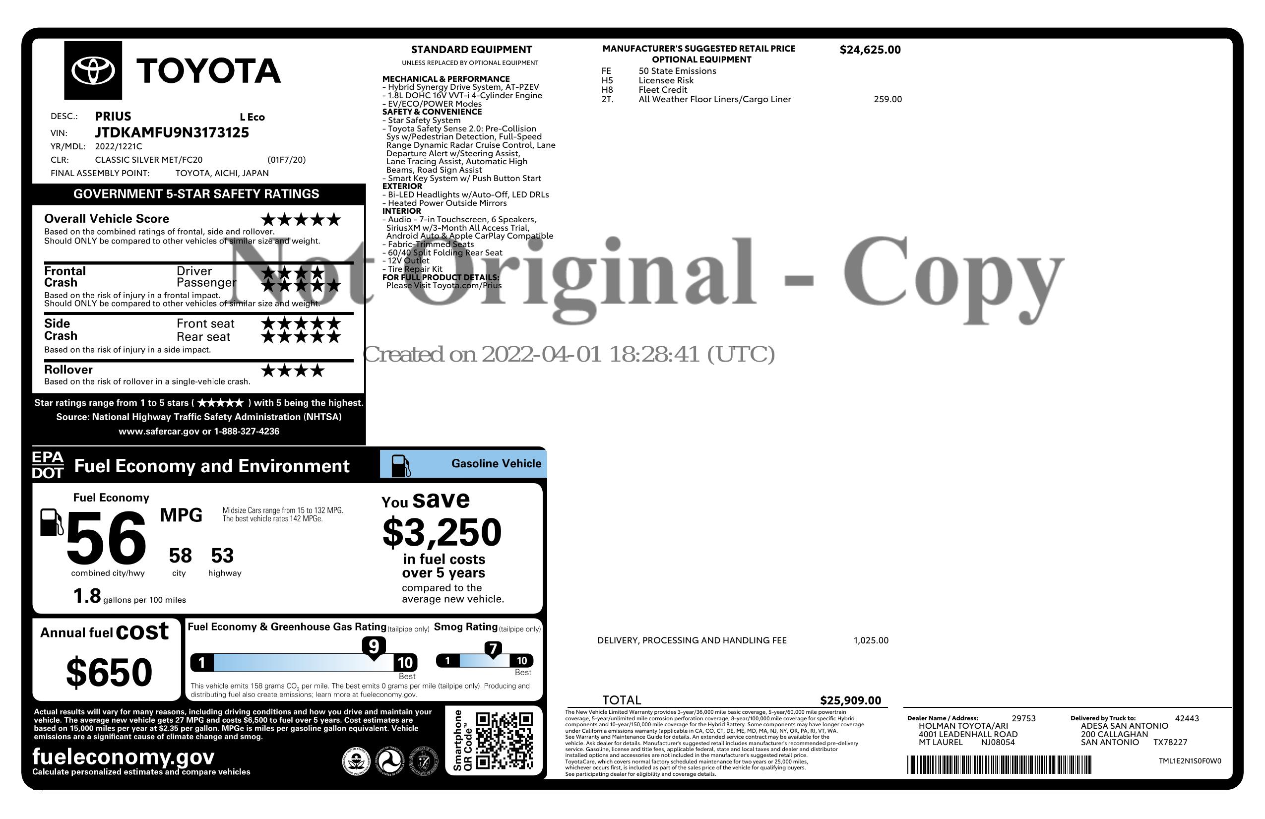Window Sticker for 2022 Toyota Prius L