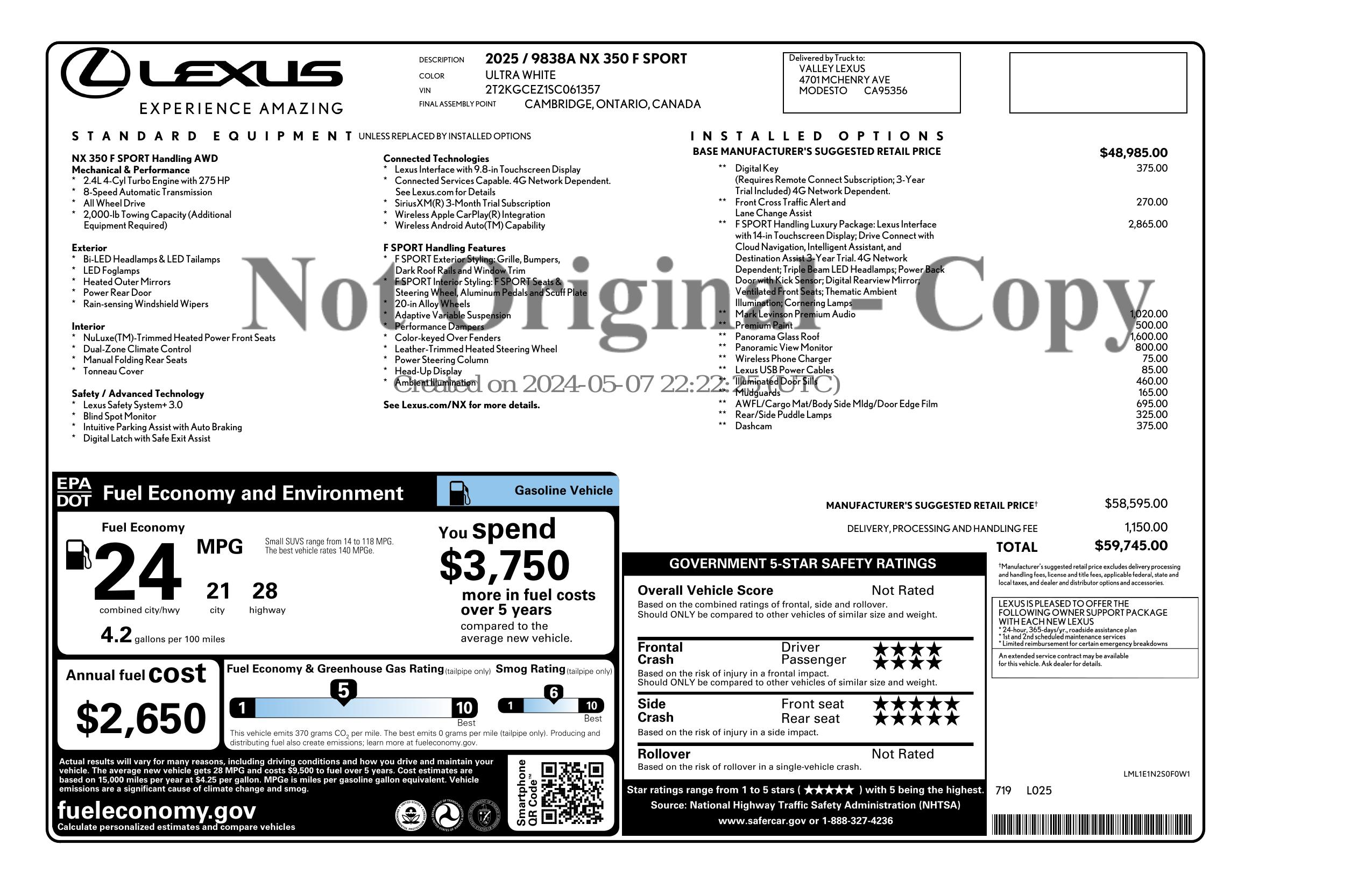 Window Sticker for 2025 Lexus Nx Nx 350 F Sport Handling Awd