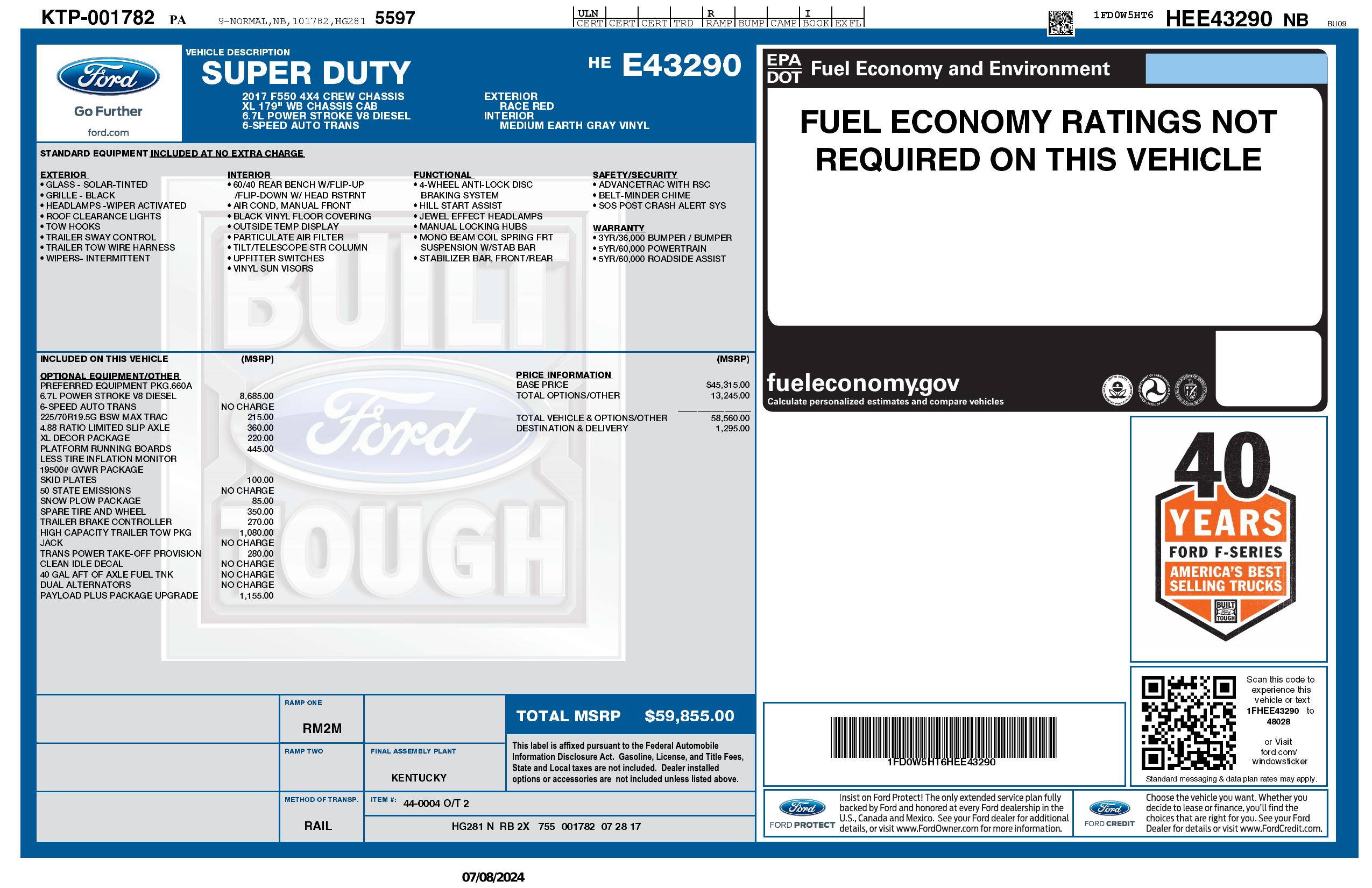 Window Sticker for 2017 Ford Super Duty F 550 Drw 4 Wd Crew Cab Wb Ca