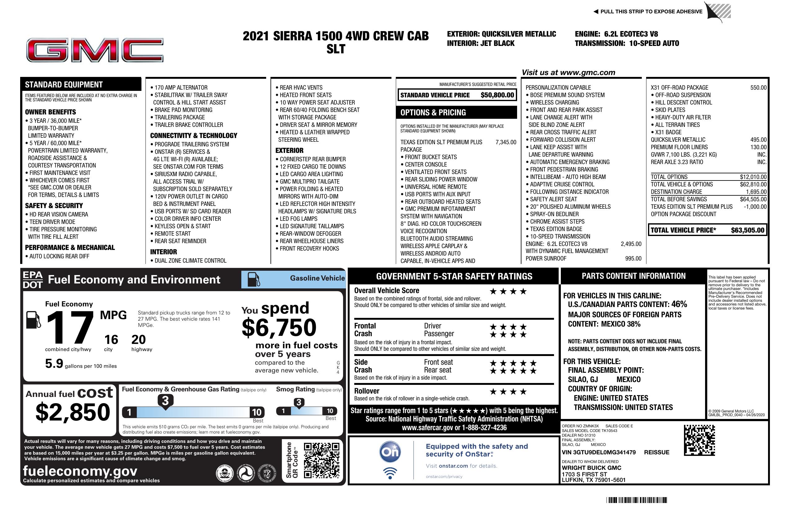 Window Sticker for 2021 GMC Sierra 1500 4 Wd Crew Cab 147" Slt