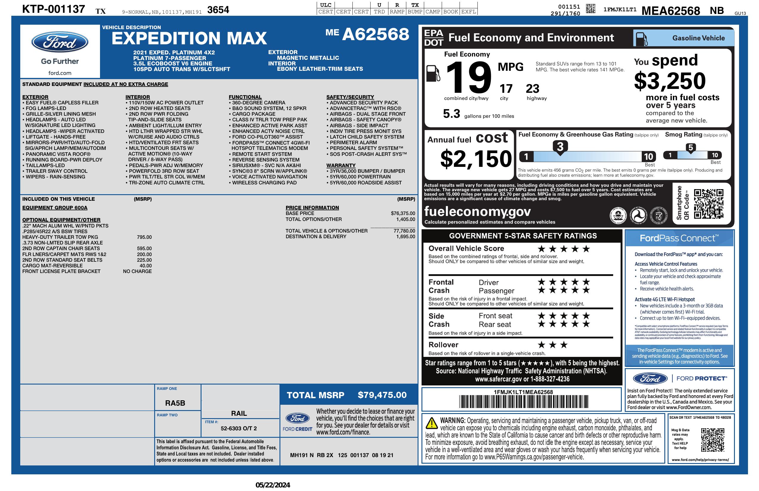 Window Sticker for 2021 Ford Expedition Max Platinum 4x2