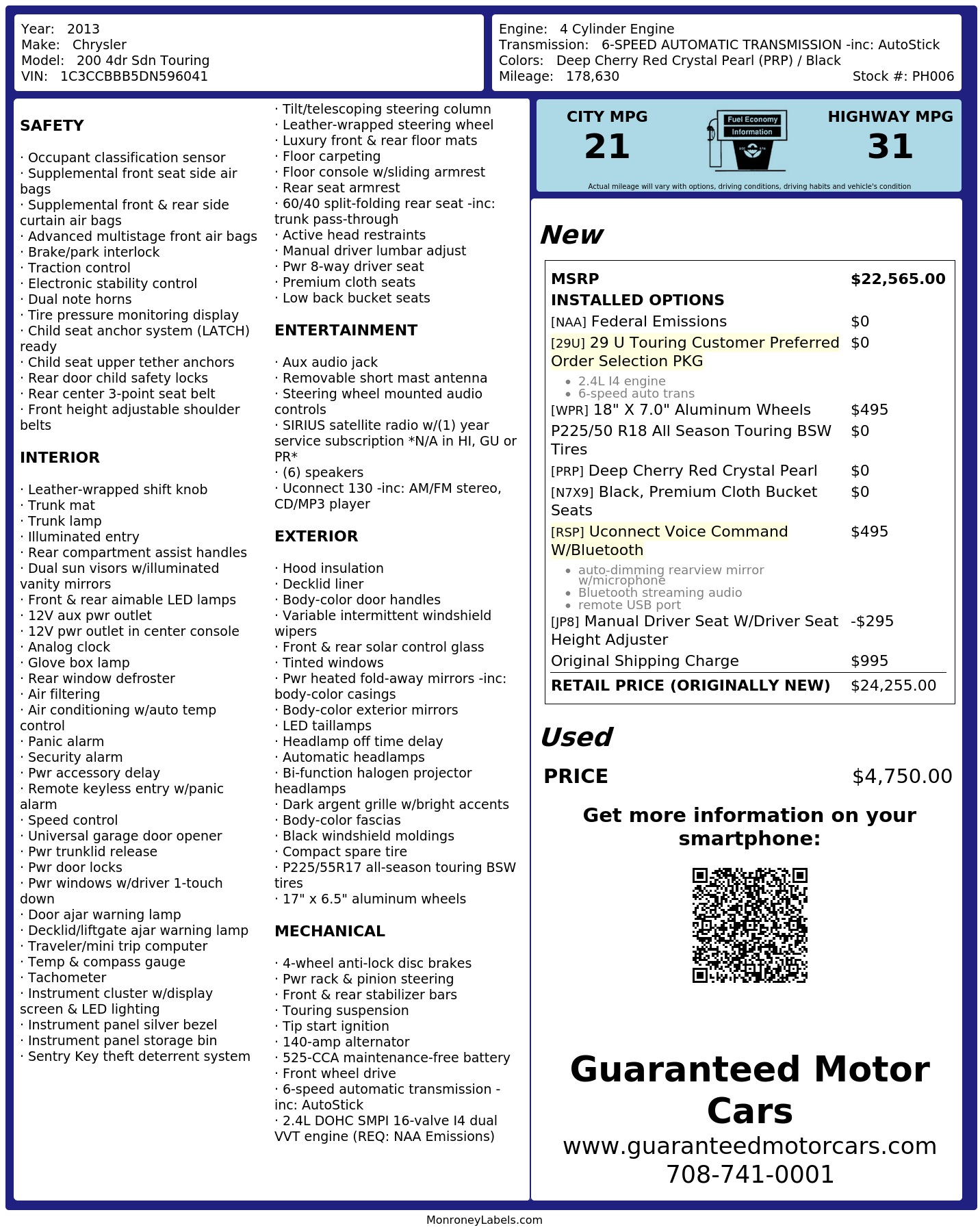 Window Sticker for 2013 Chrysler 200 4dr Sdn Touring