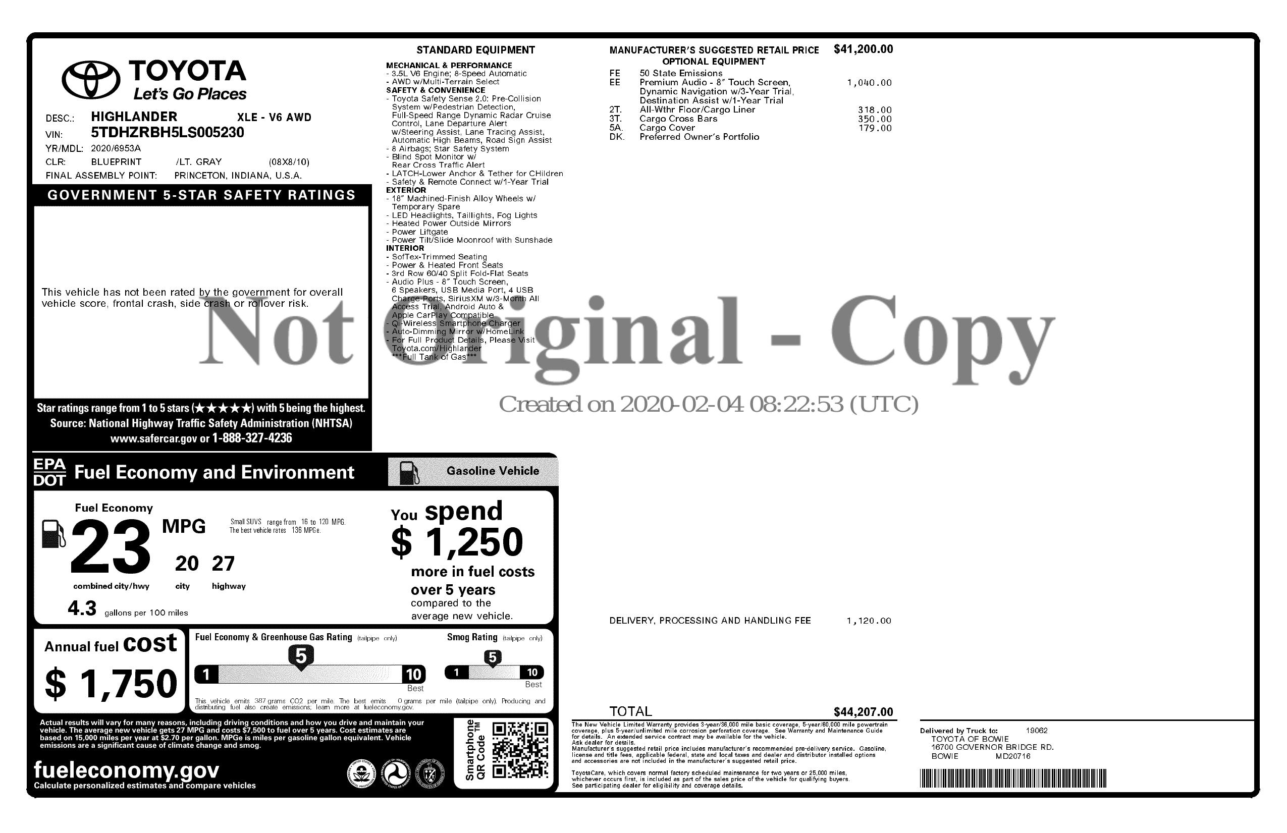 Window Sticker for 2020 Toyota Highlander Xle