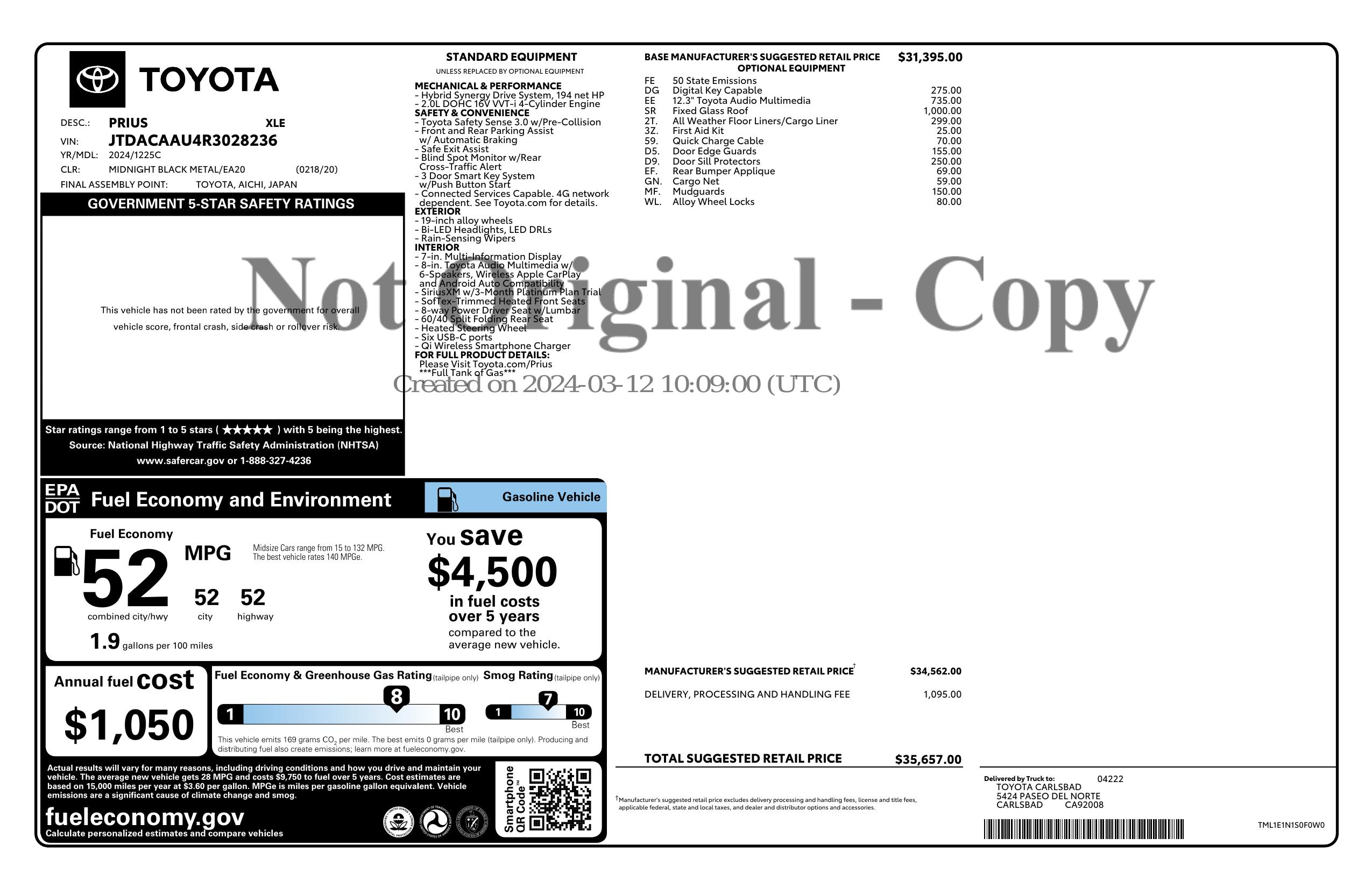 Window Sticker for 2024 Toyota Prius (Natl)