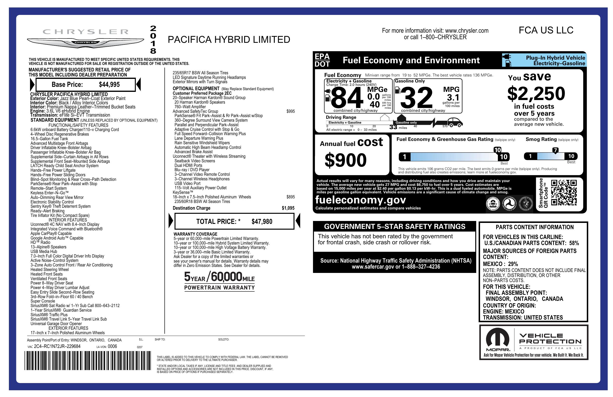 Window Sticker for 2018 Chrysler Pacifica Hybrid Limited Fwd