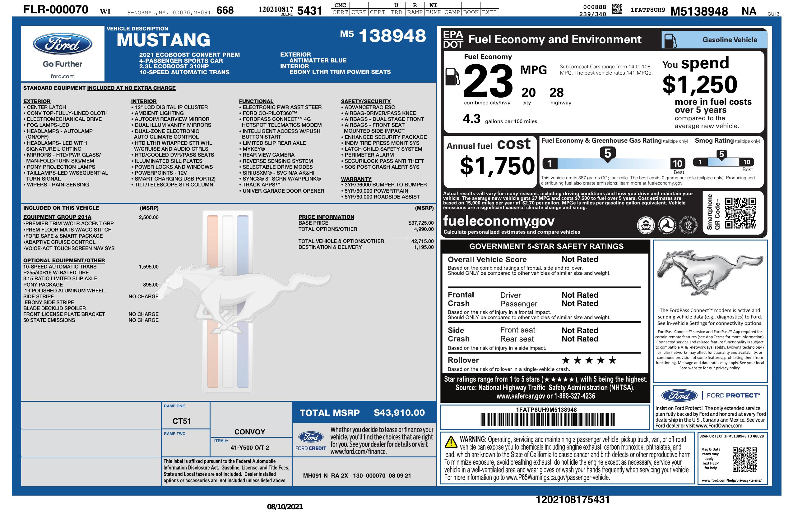 Window Sticker for 2021 Ford Mustang Eco Boost Convertible