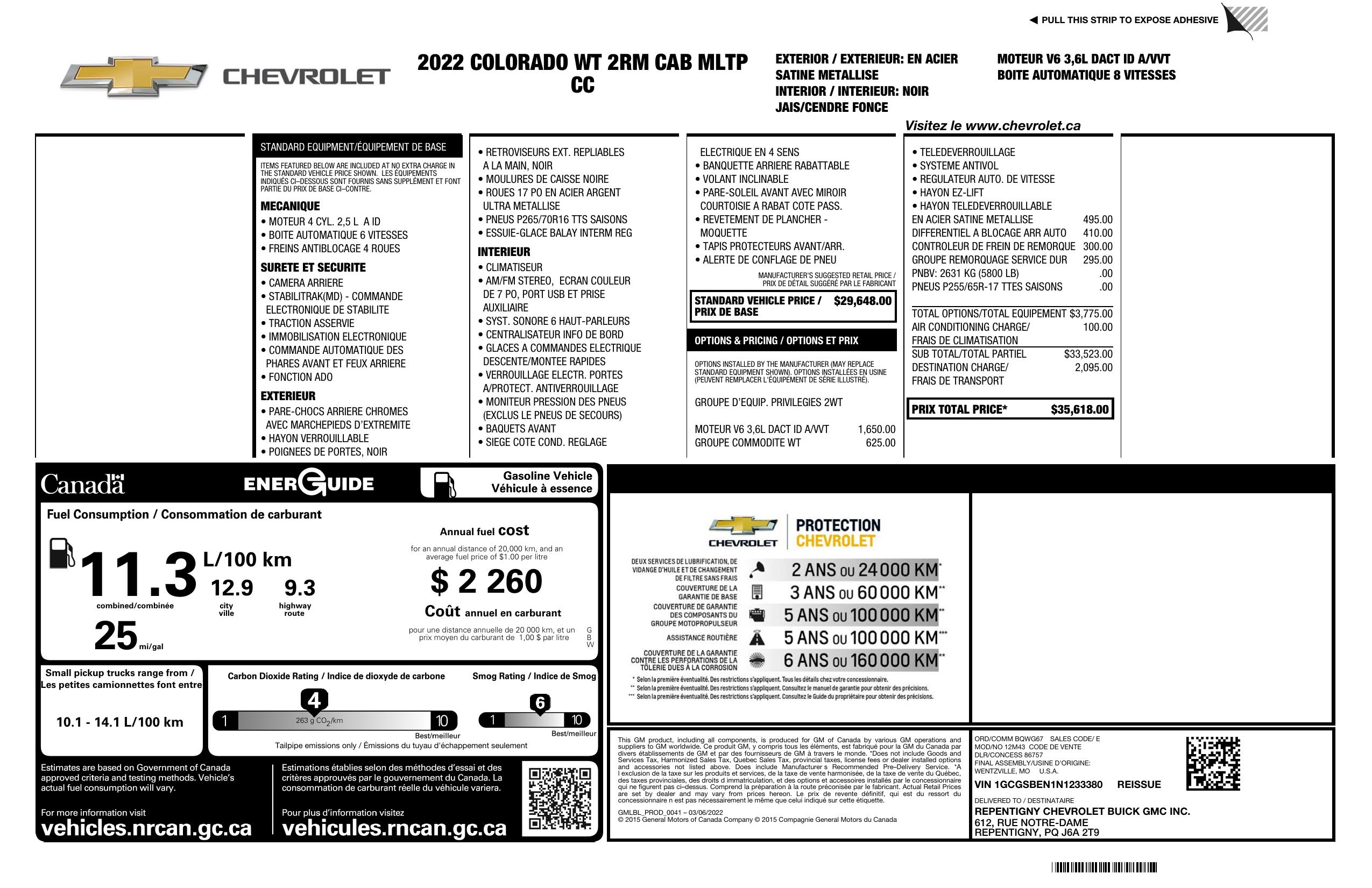 Window Sticker for 2022 Chevrolet Colorado 2 Wd Crew Cab Work Truck