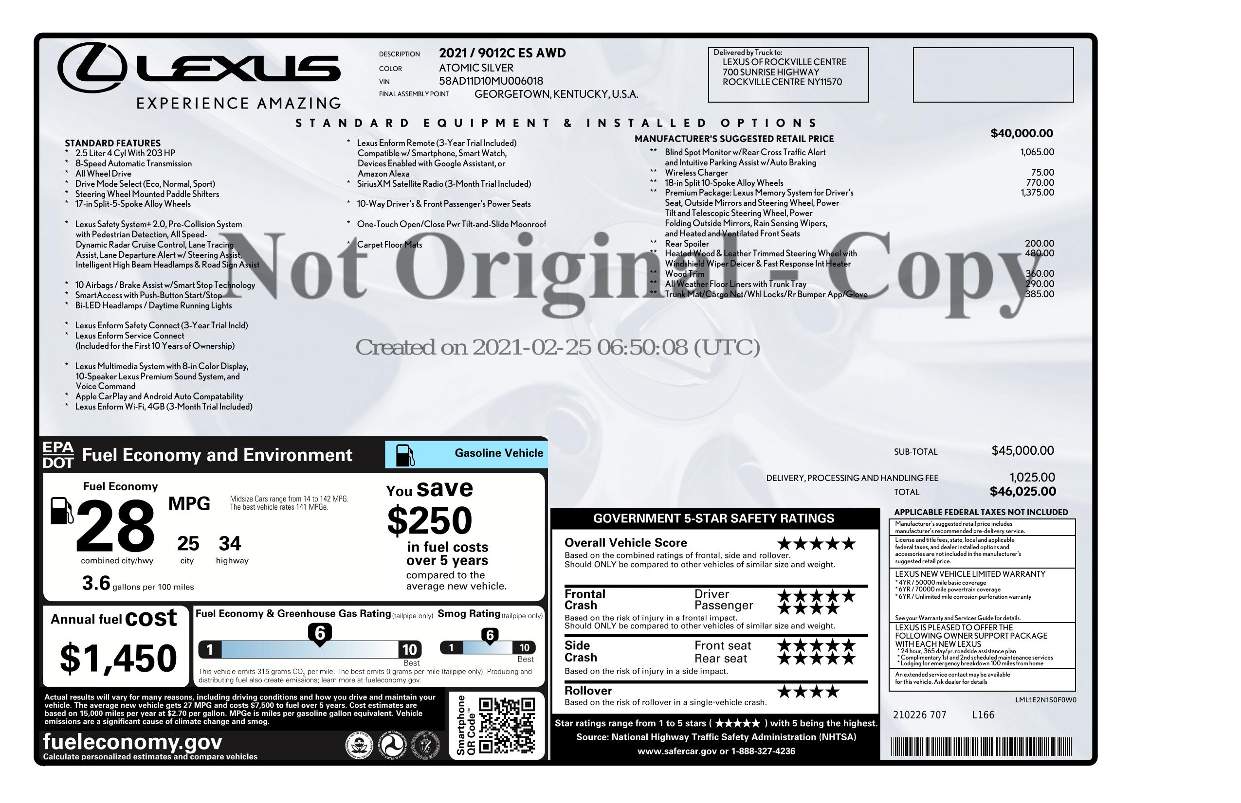 Window Sticker for 2021 Lexus Es 250