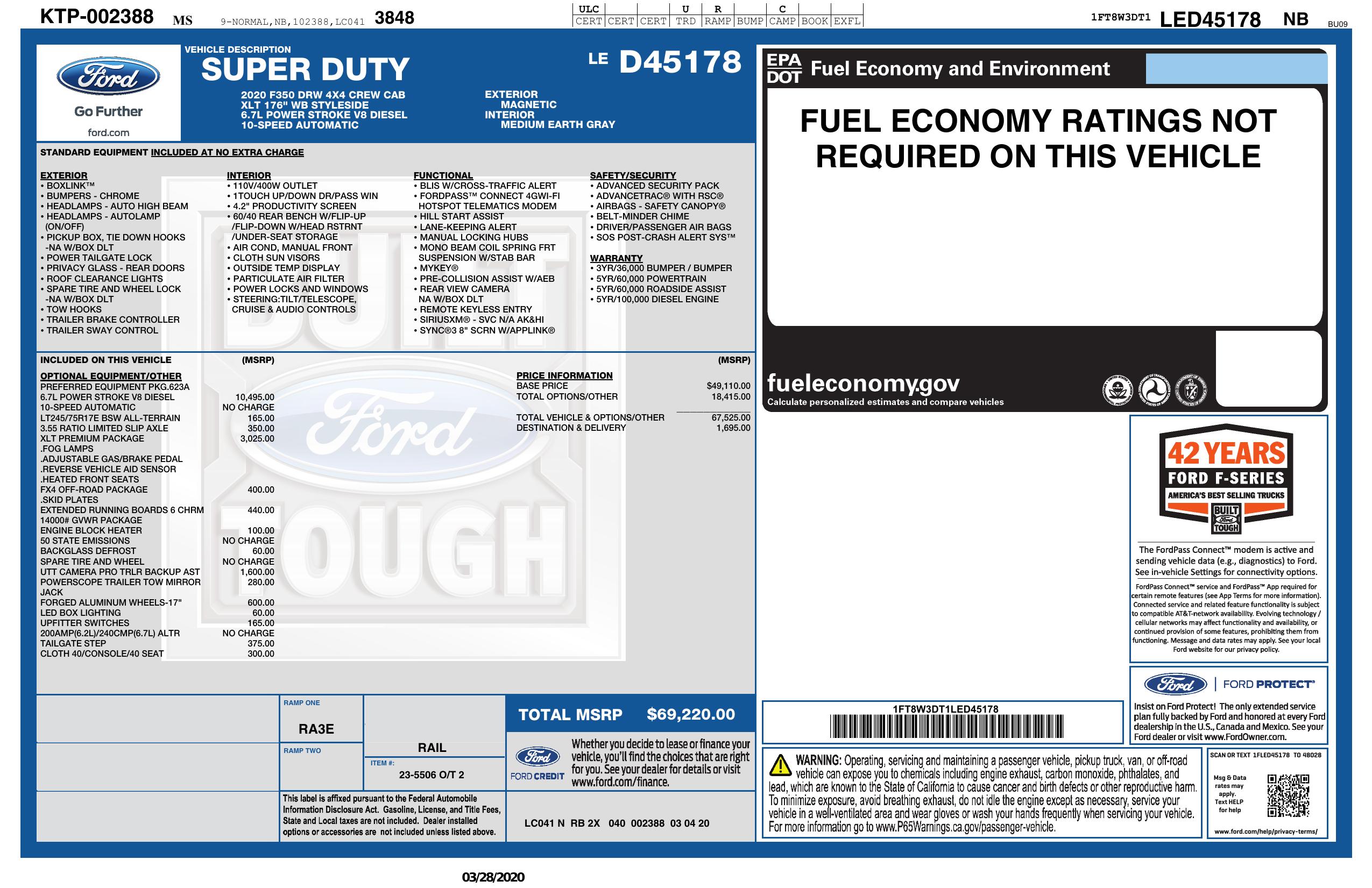 Window Sticker for 2020 Ford Super Duty F 350 Drw 4 Wd Crew Cab 8' Box