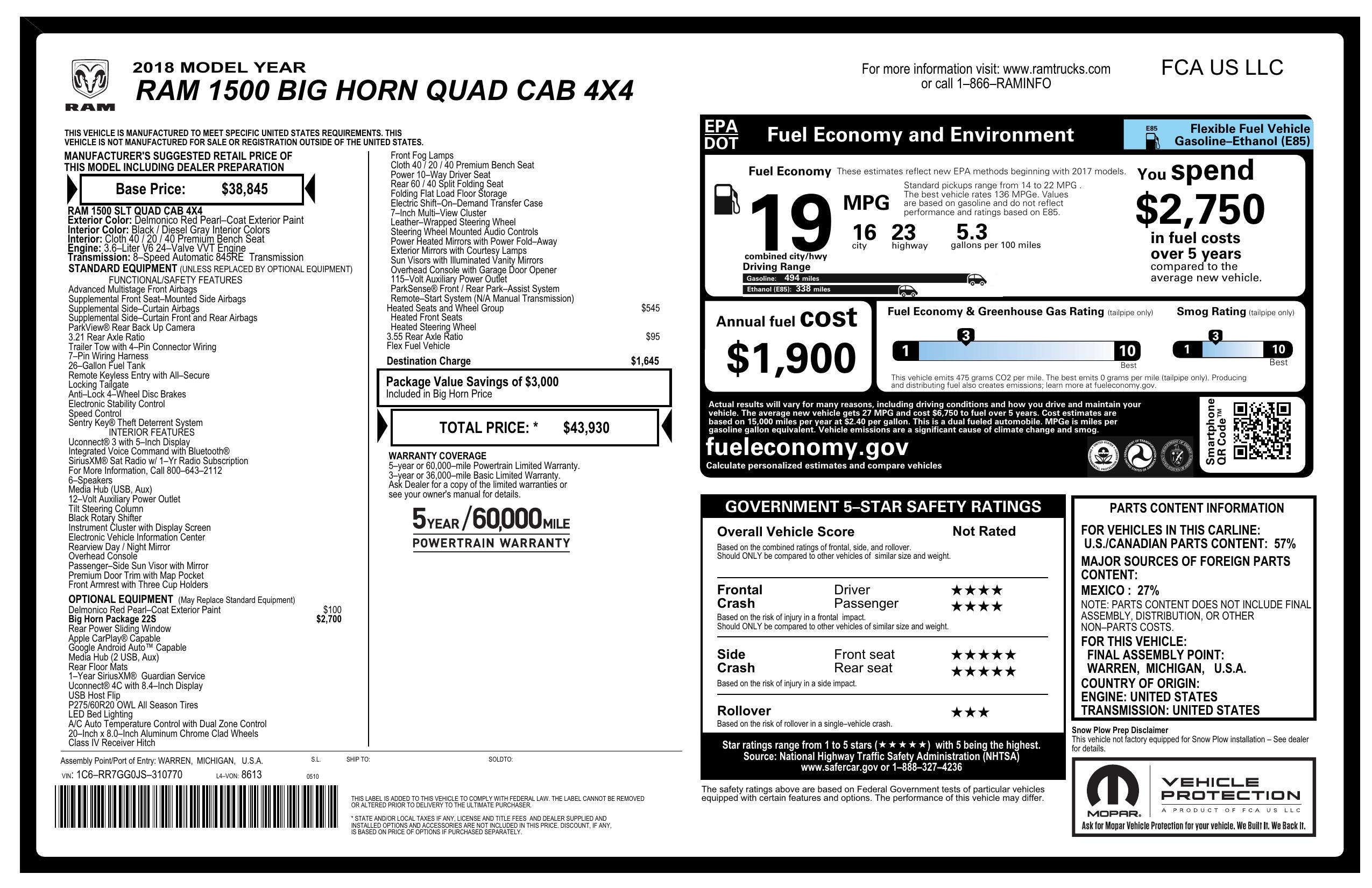 Window Sticker for 2018 Ram 1500 Big Horn 4x4 Quad Cab 6'4" Box