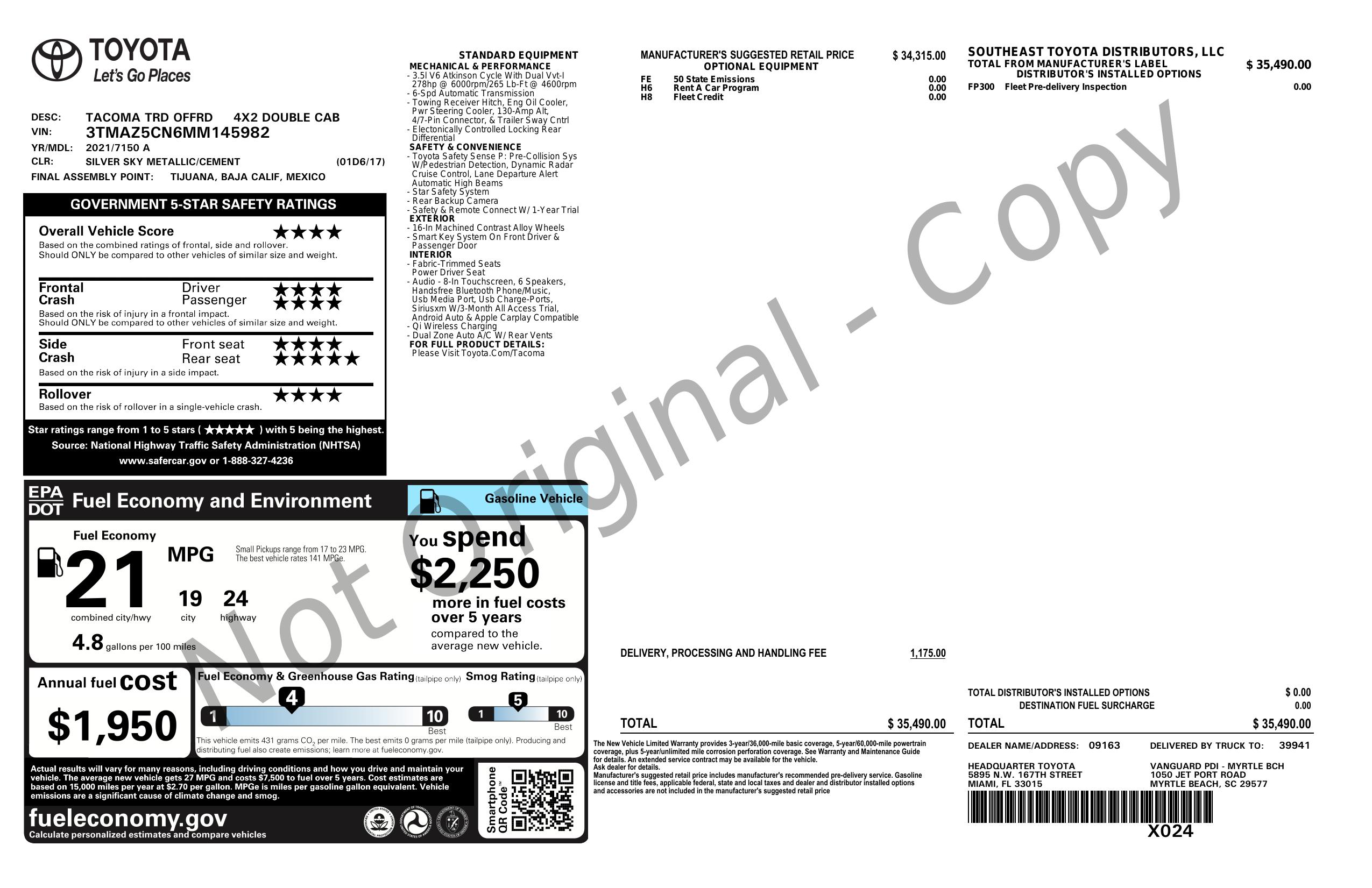 Window Sticker for 2021 Toyota Tacoma 2 Wd