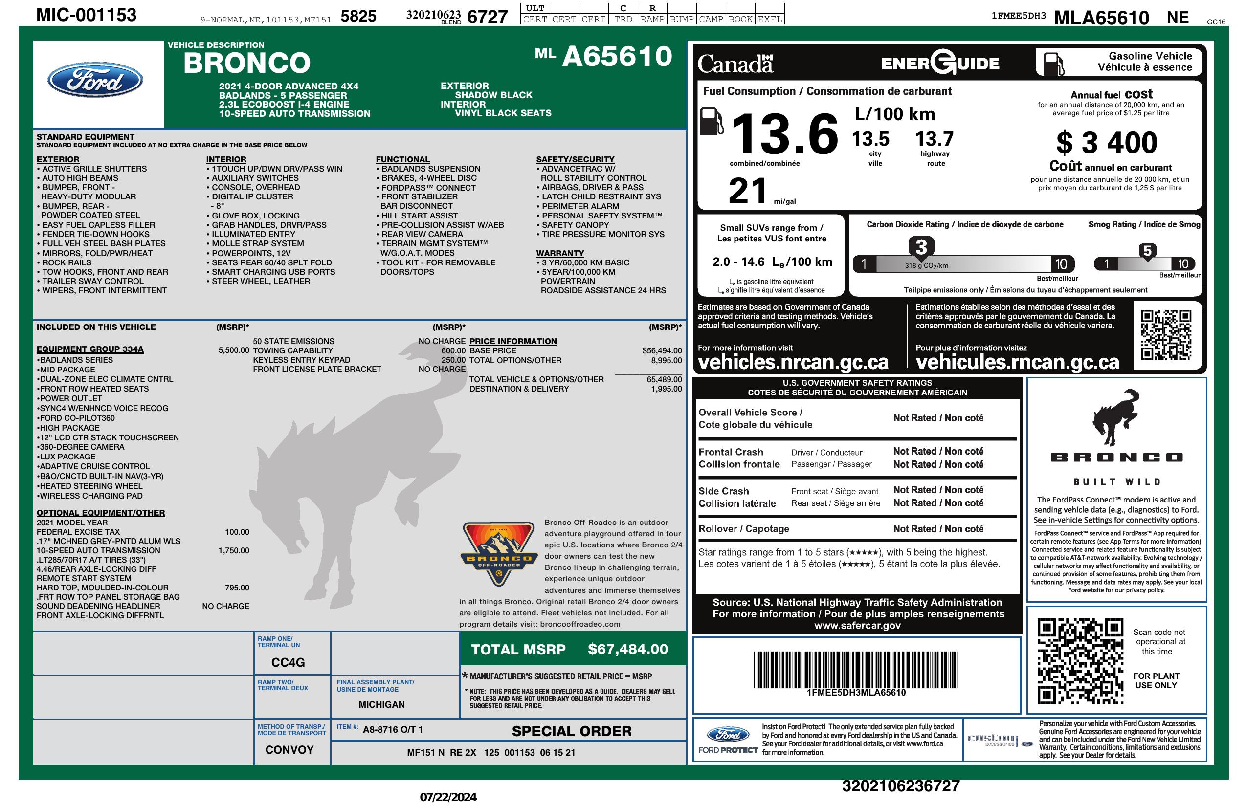 Window Sticker for 2021 Ford Bronco 4 Door Advanced 4x4