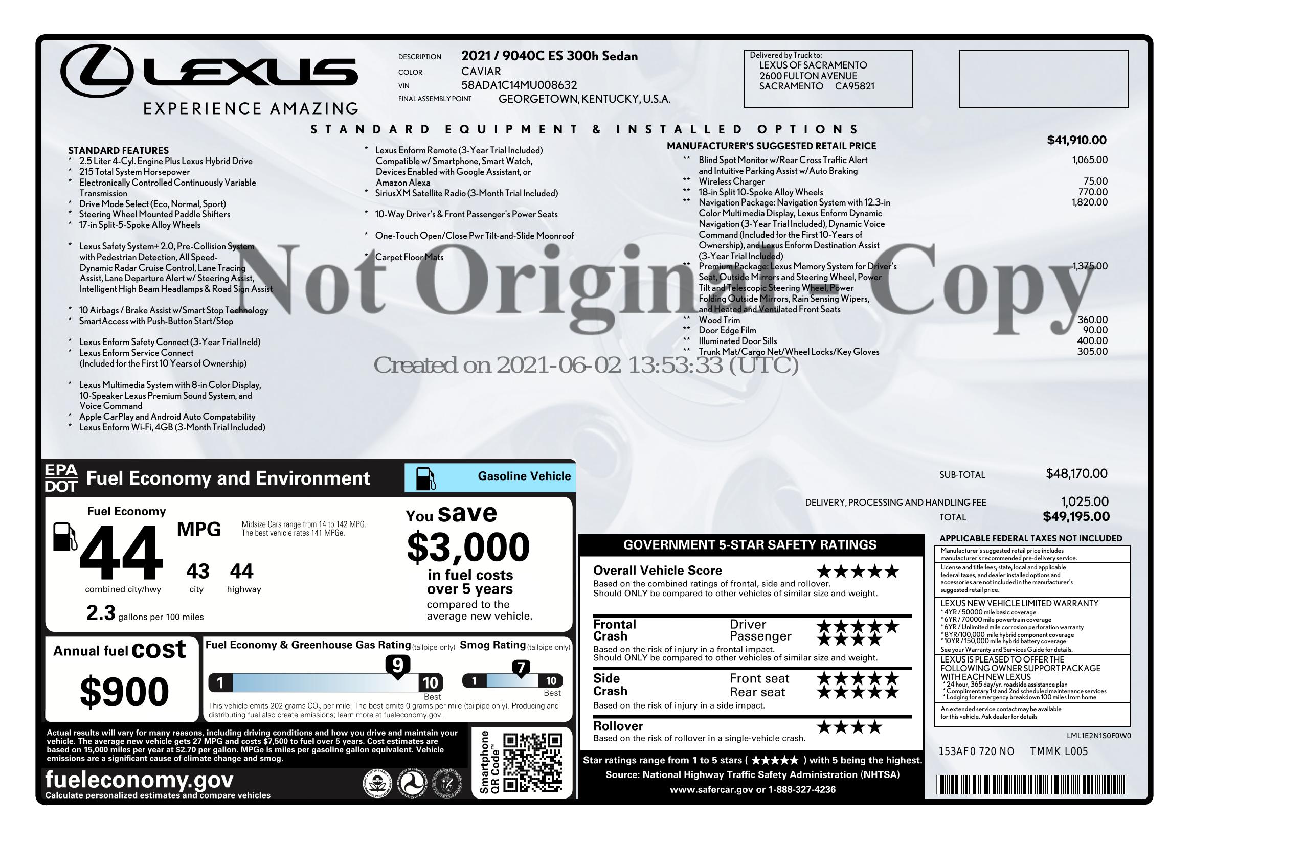 Window Sticker for 2021 Lexus Es Es 300h Fwd