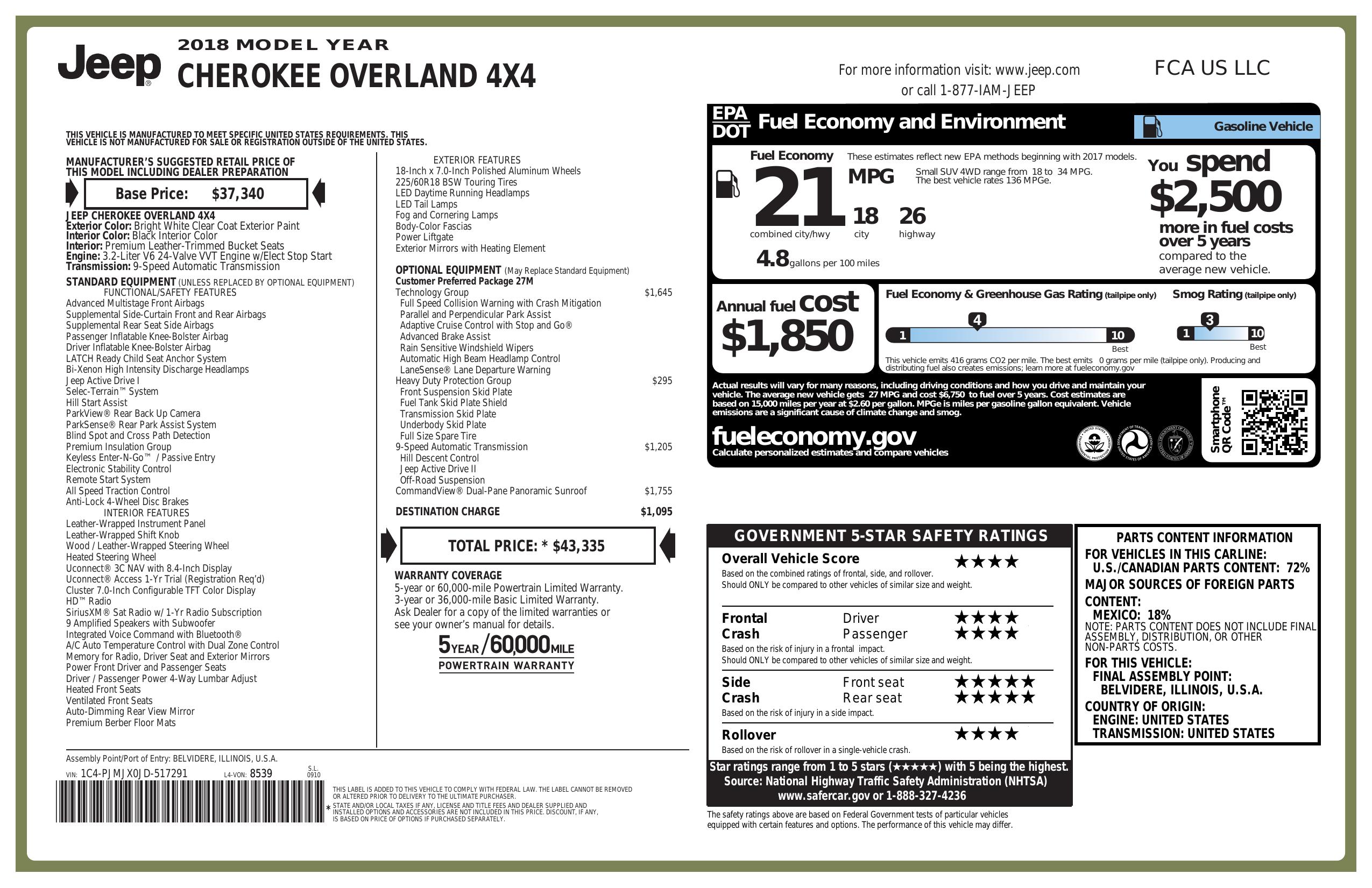 Window Sticker for 2018 Jeep Cherokee Overland 4x4