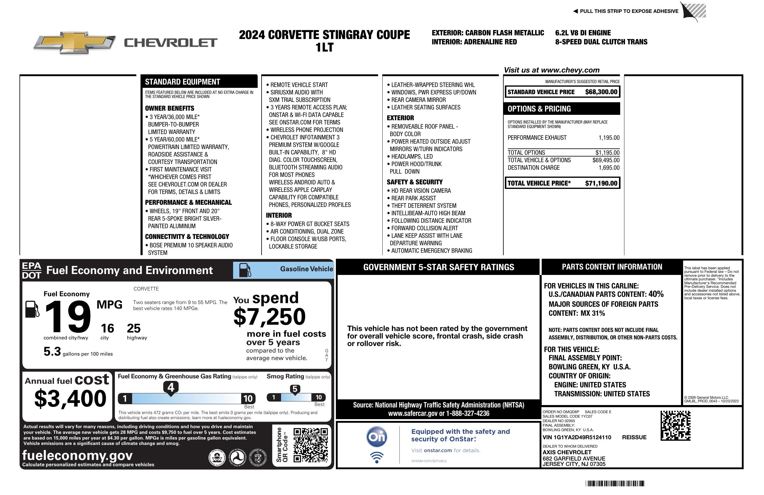 Window Sticker for 2024 Chevrolet Corvette 2dr Stingray Cpe W/1 Lt