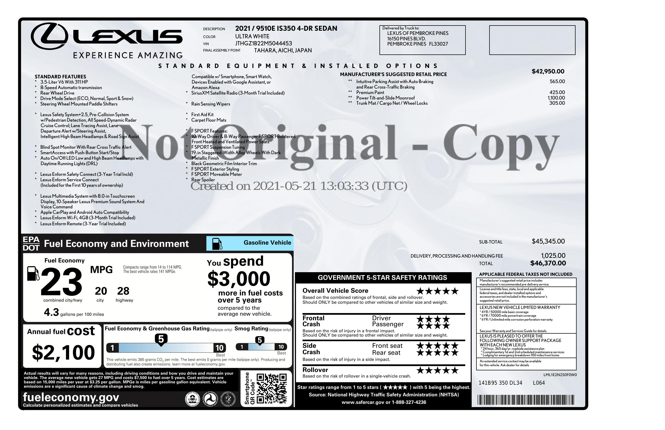 Window Sticker for 2021 Lexus Is Is 350 F Sport Rwd