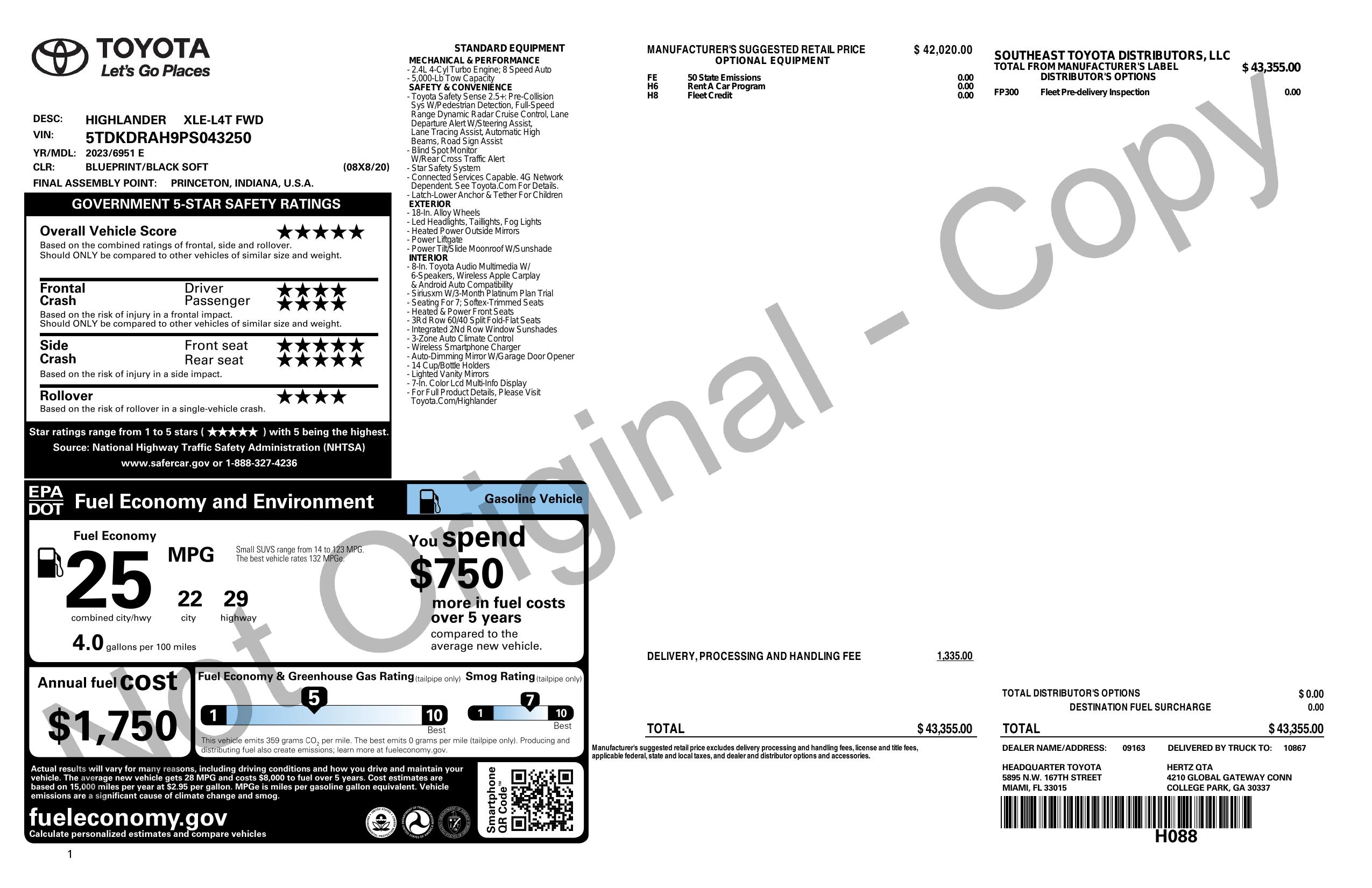 Window Sticker for 2023 Toyota Highlander Fwd (Natl)