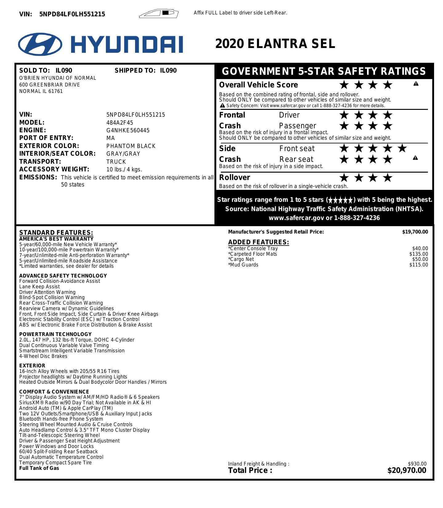 Window Sticker for 2020 Hyundai Elantra Sel Ivt
