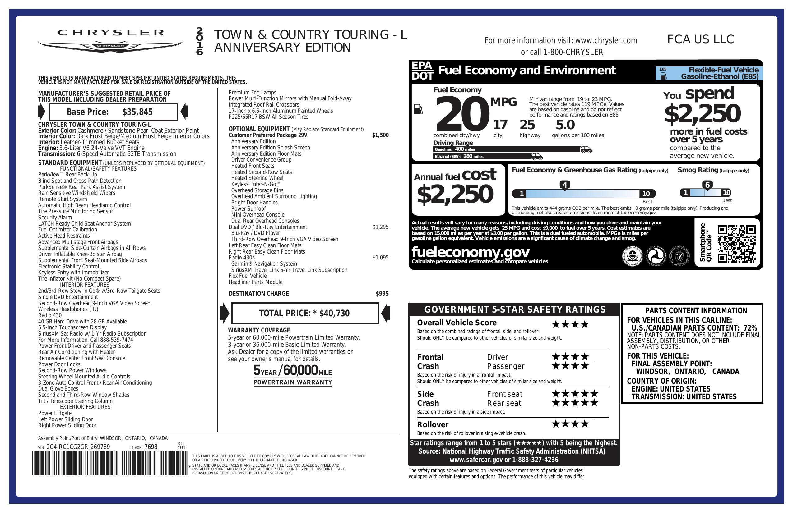 Window Sticker for 2016 Chrysler Town & Country 4dr Wgn Touring L ...