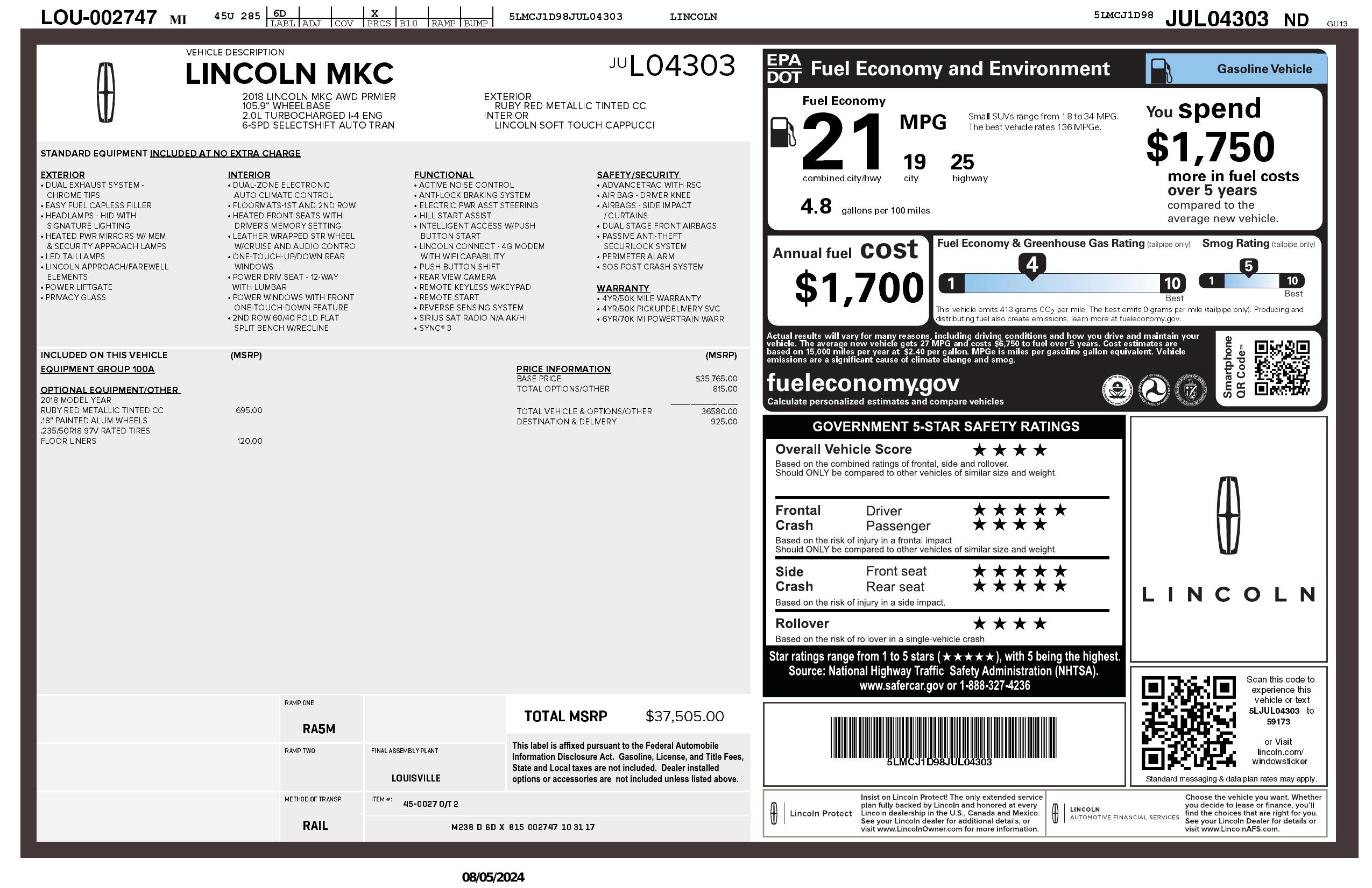 Window Sticker for 2018 Lincoln Mkc Premiere Awd