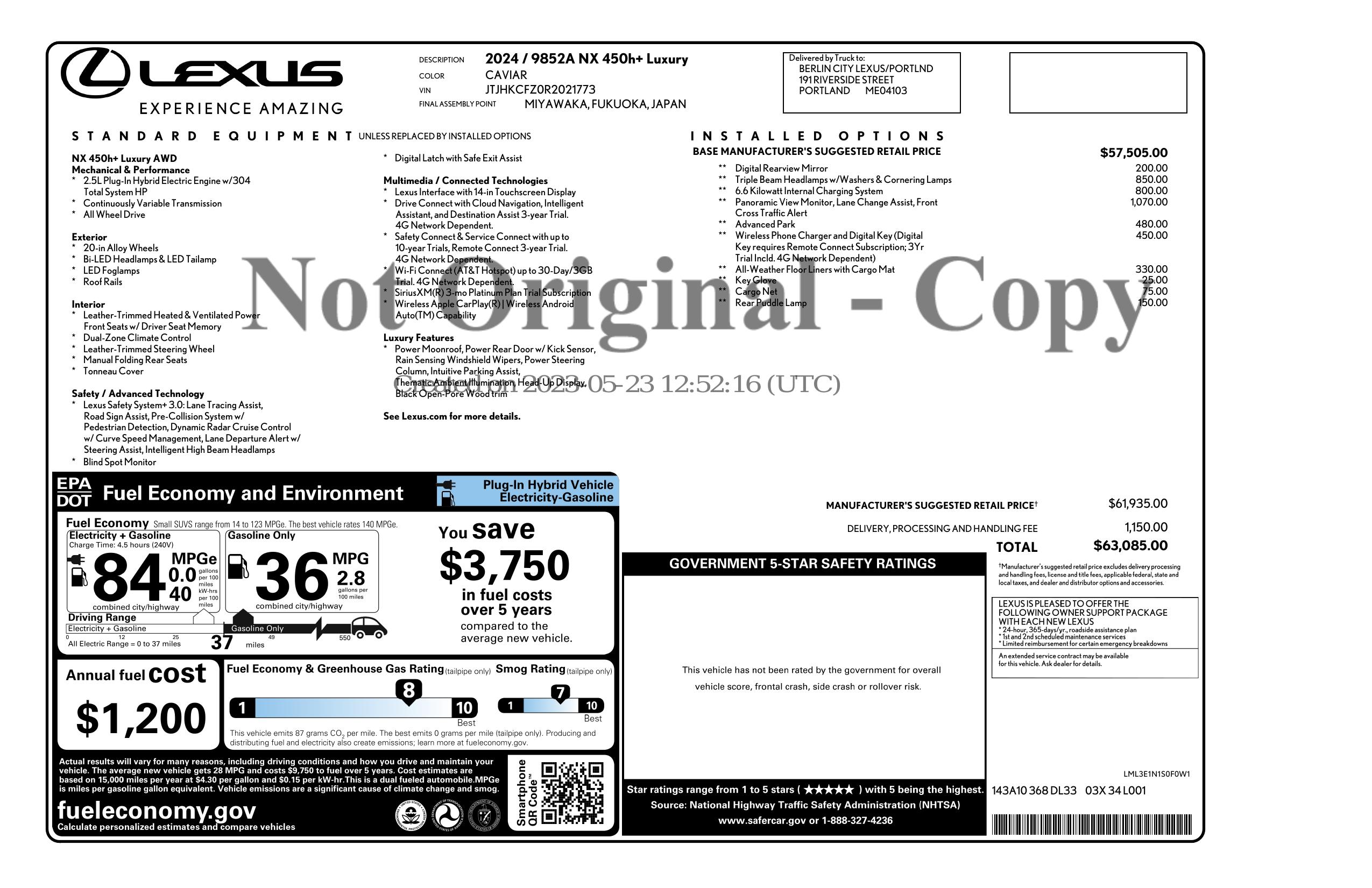 Window Sticker for 2024 Lexus Nx Nx 450h+ Luxury Awd