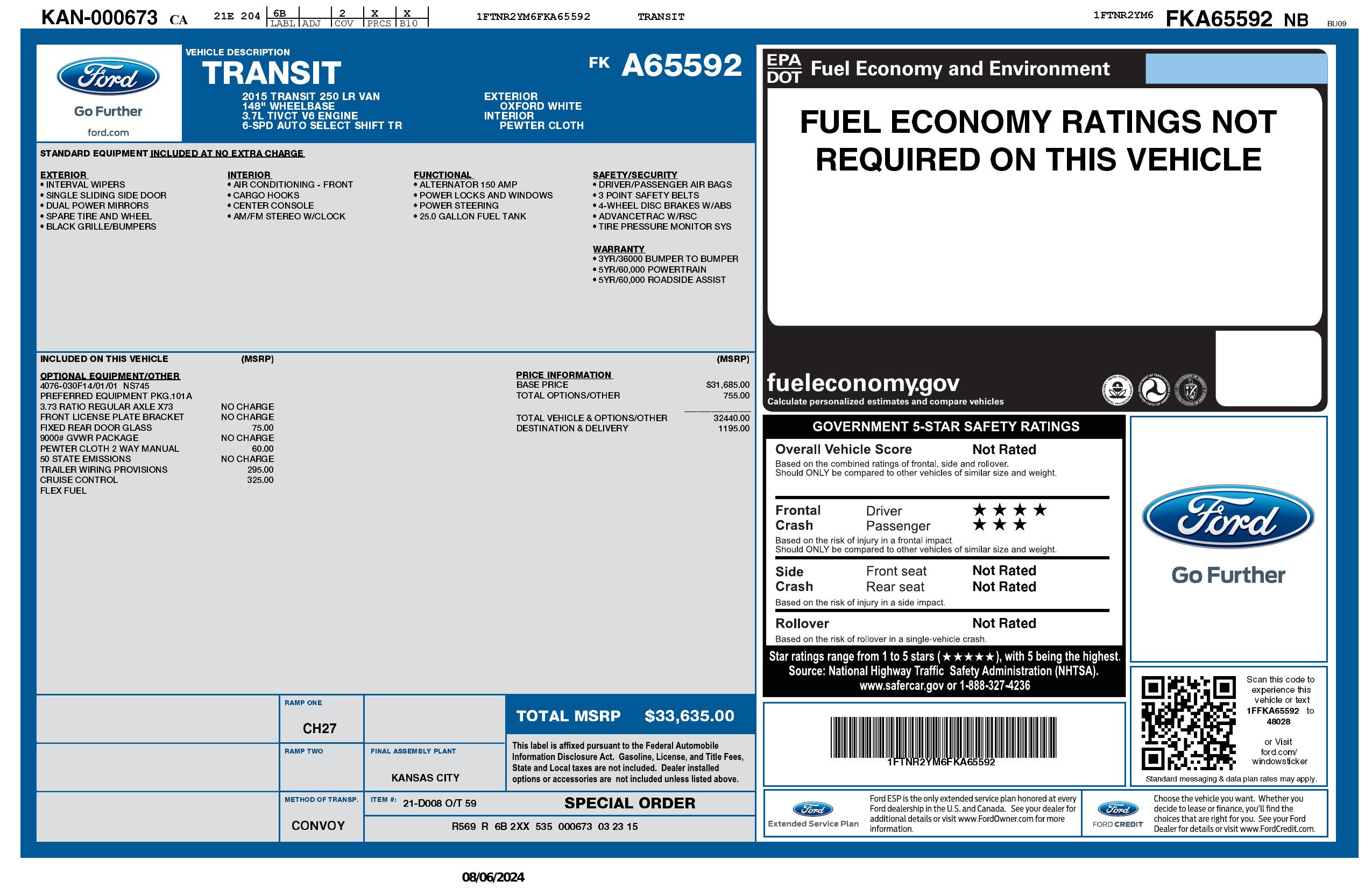 Window Sticker for 2015 Ford Transit Cargo Van T 250 148" Low Rf 9000 ...