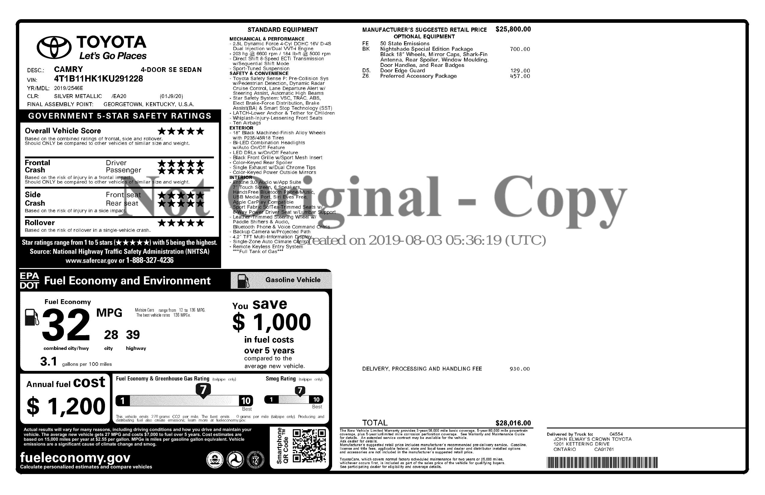 Window Sticker for 2019 Toyota Camry Auto (Natl)