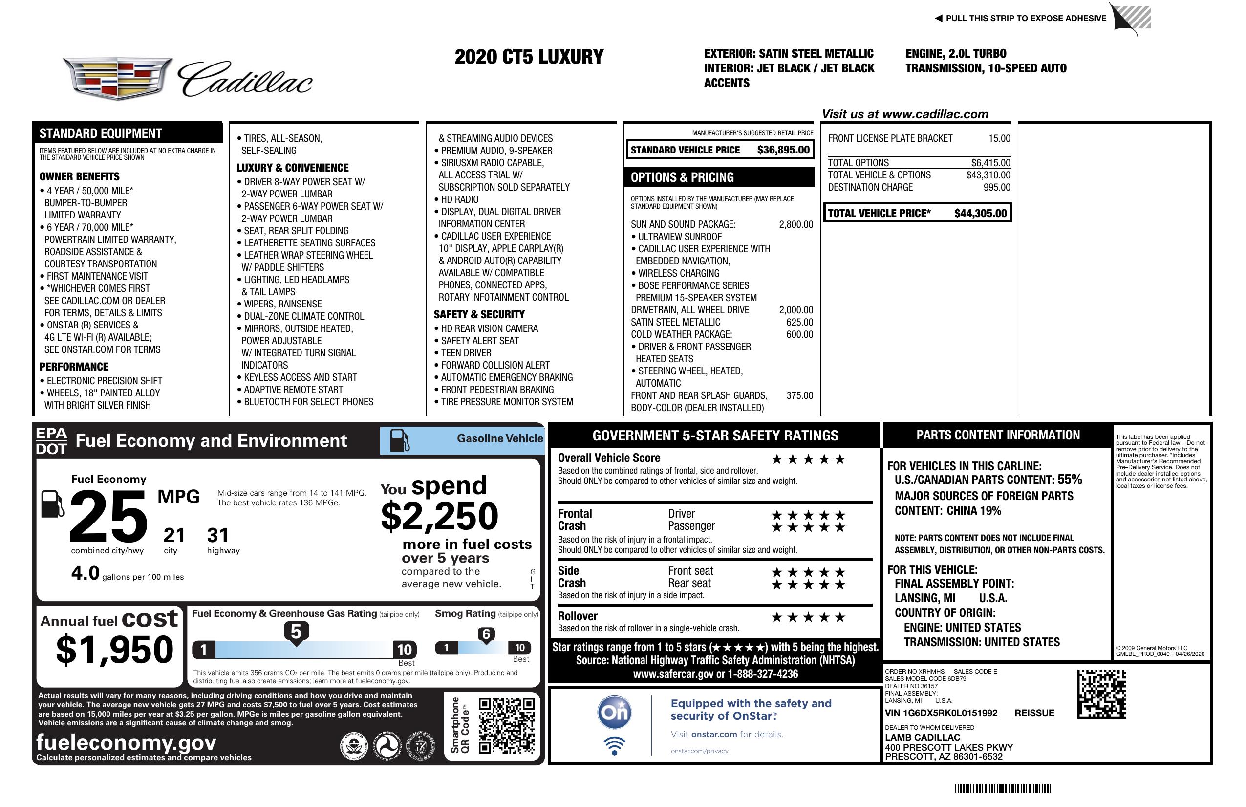 Window Sticker for 2020 Cadillac Ct5 4dr Sdn Luxury