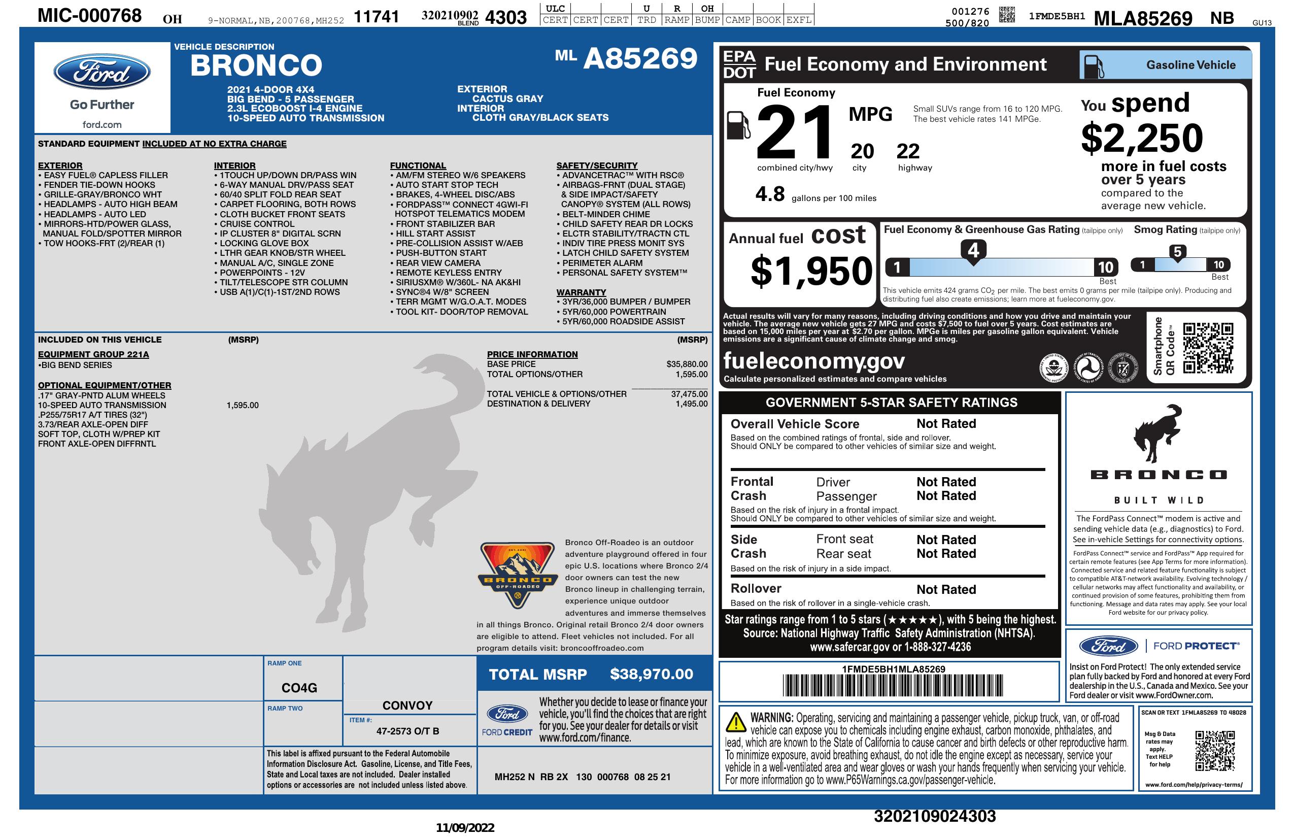 Window Sticker for 2021 Ford Bronco 4 Door 4x4