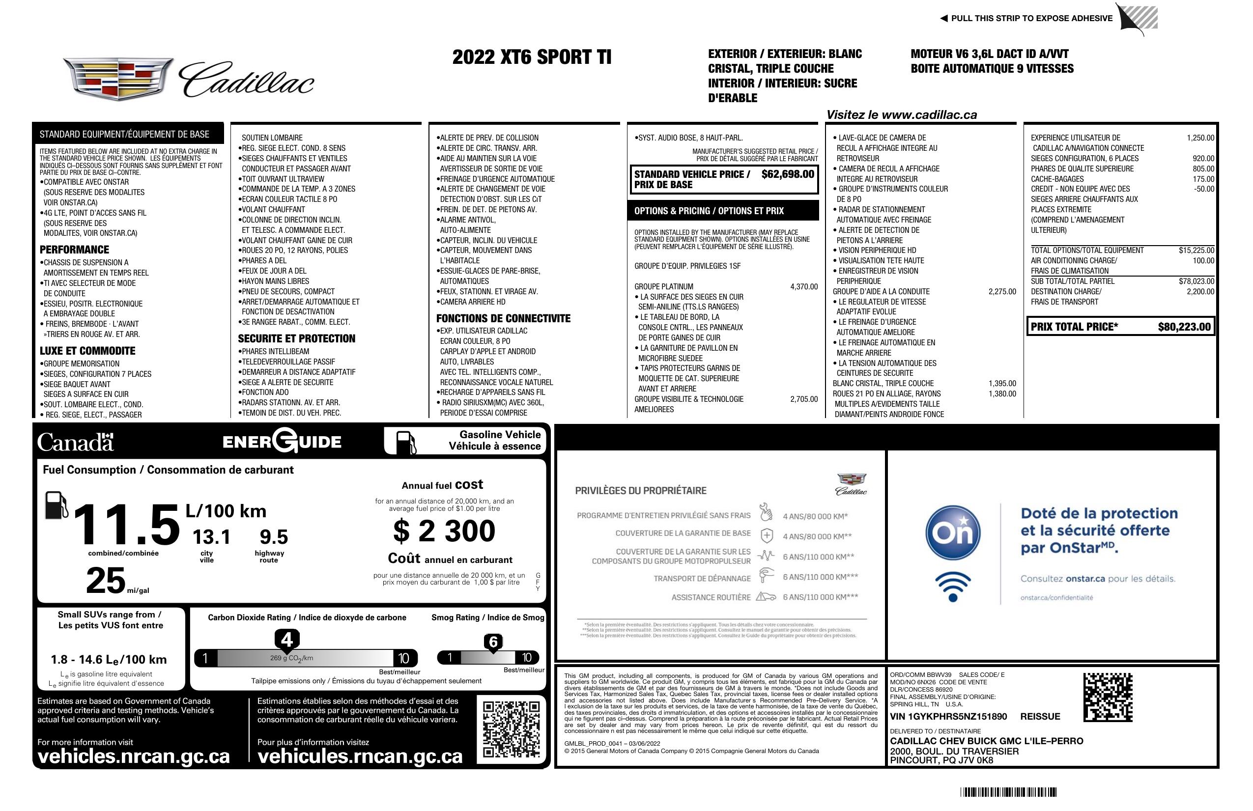 Window Sticker for 2022 Cadillac Xt6 Awd 4dr Sport