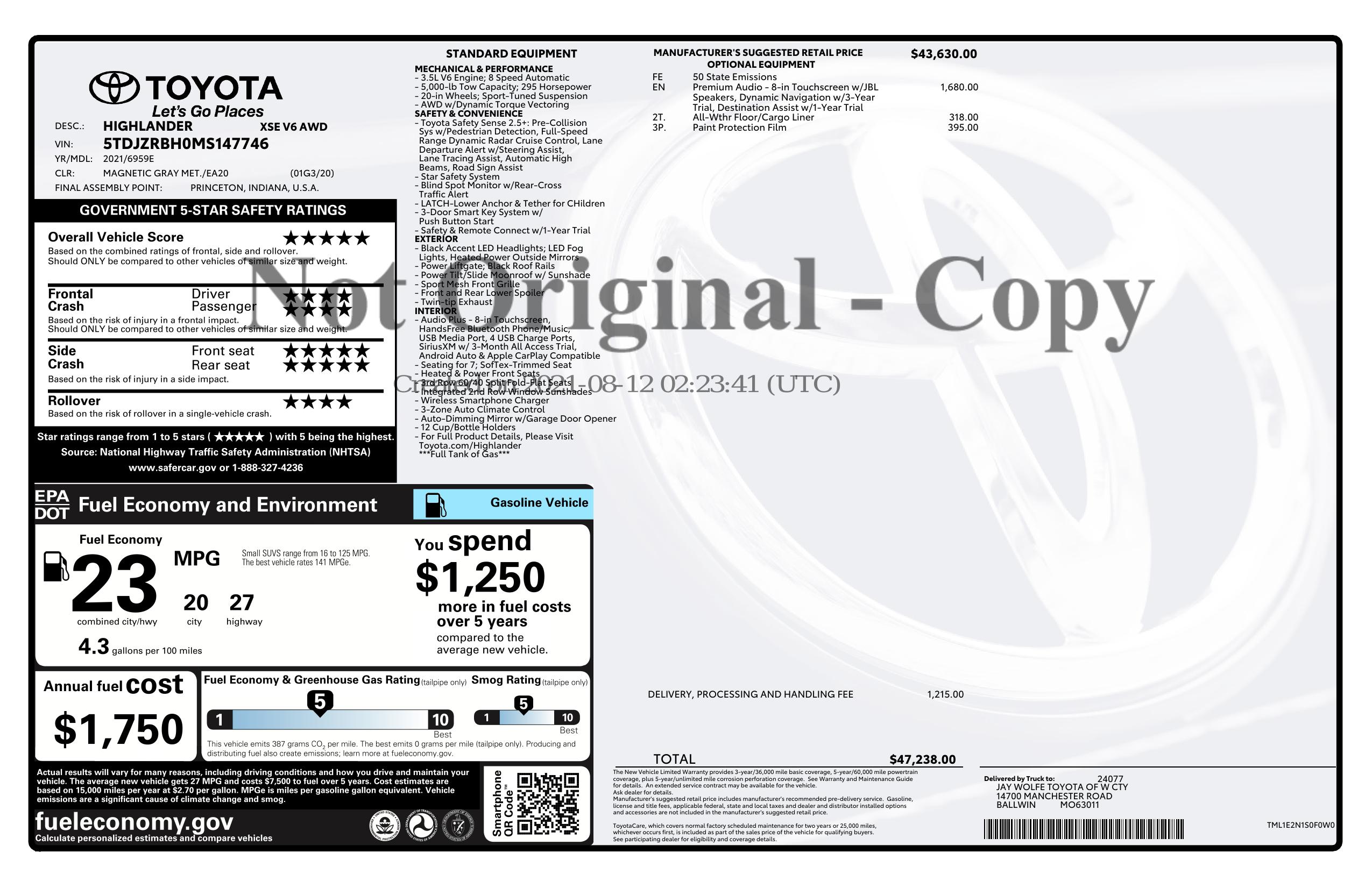Window Sticker for 2021 Toyota Highlander Xse Awd (Natl)