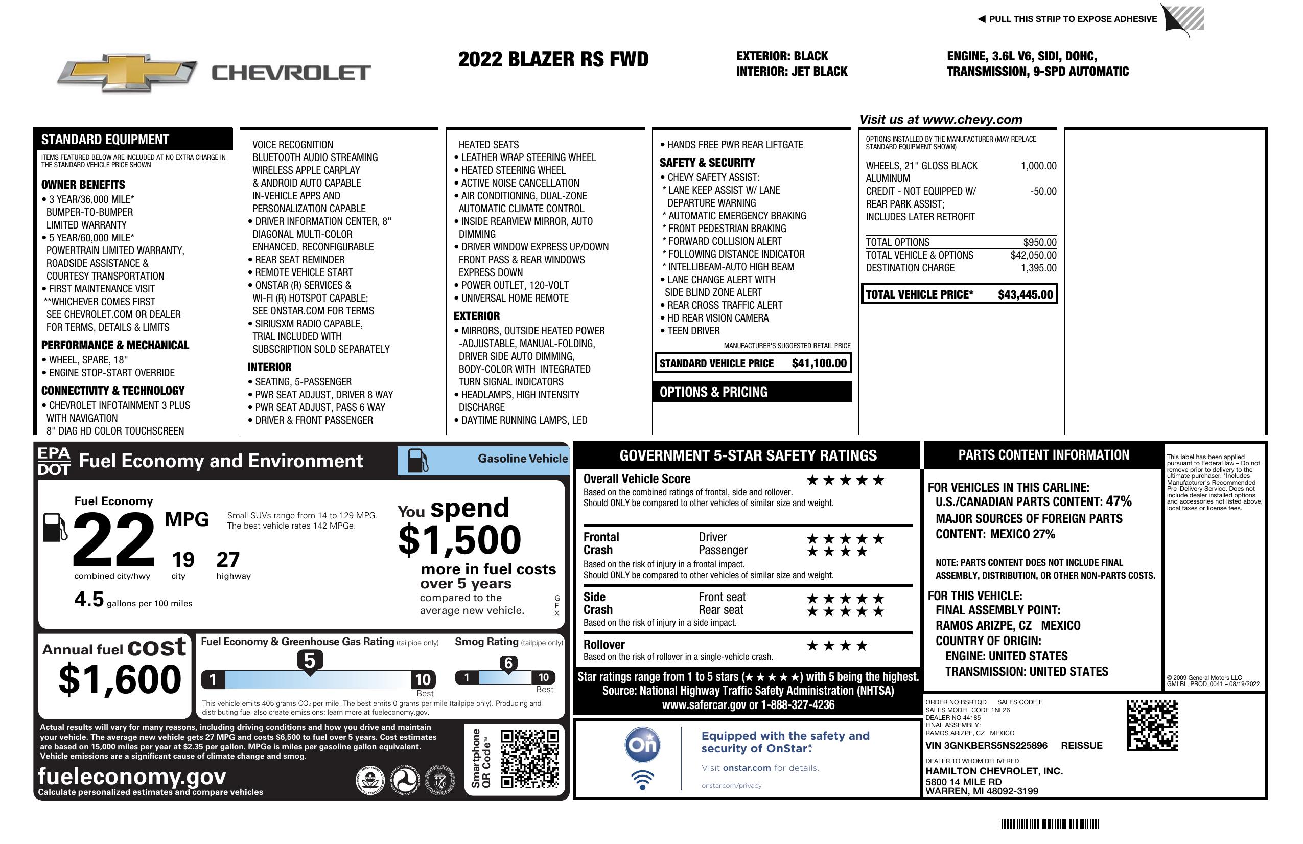 Window Sticker for 2022 Chevrolet Blazer Fwd 4dr Rs